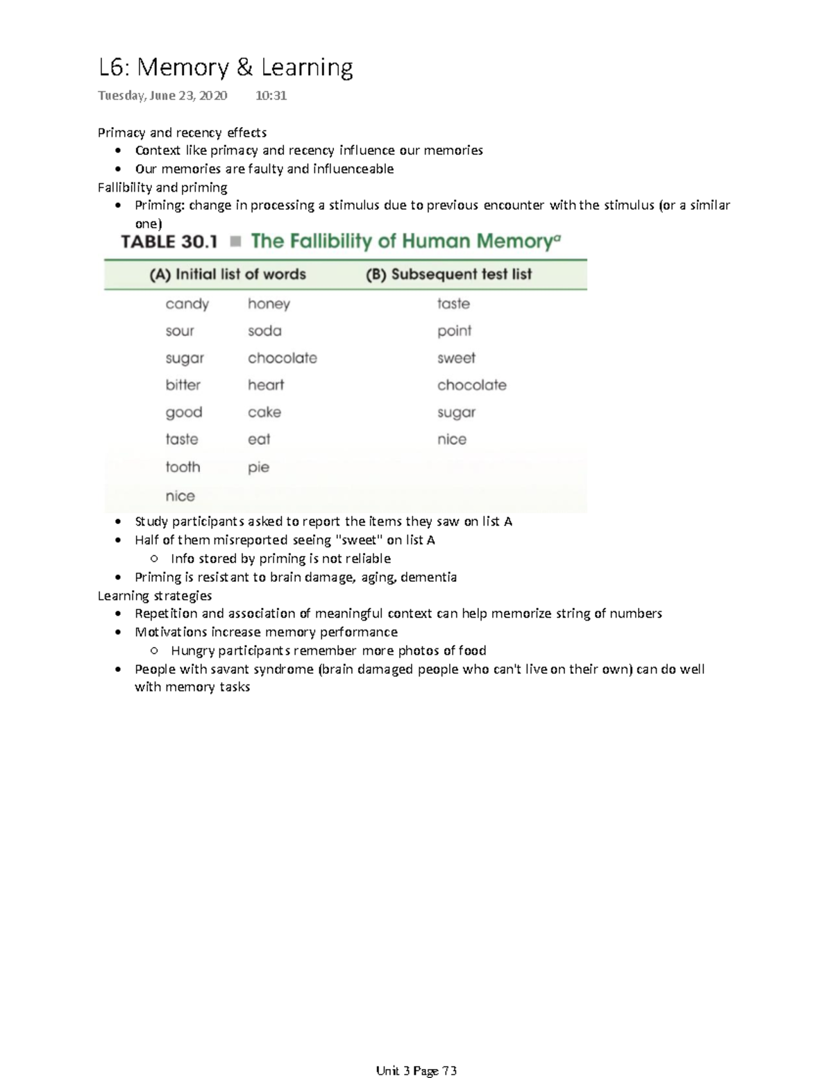 Unit 3 Lecture 6 Memory - Lefeldt Su2020 - Primacy and recency effects - Context like primacy ...