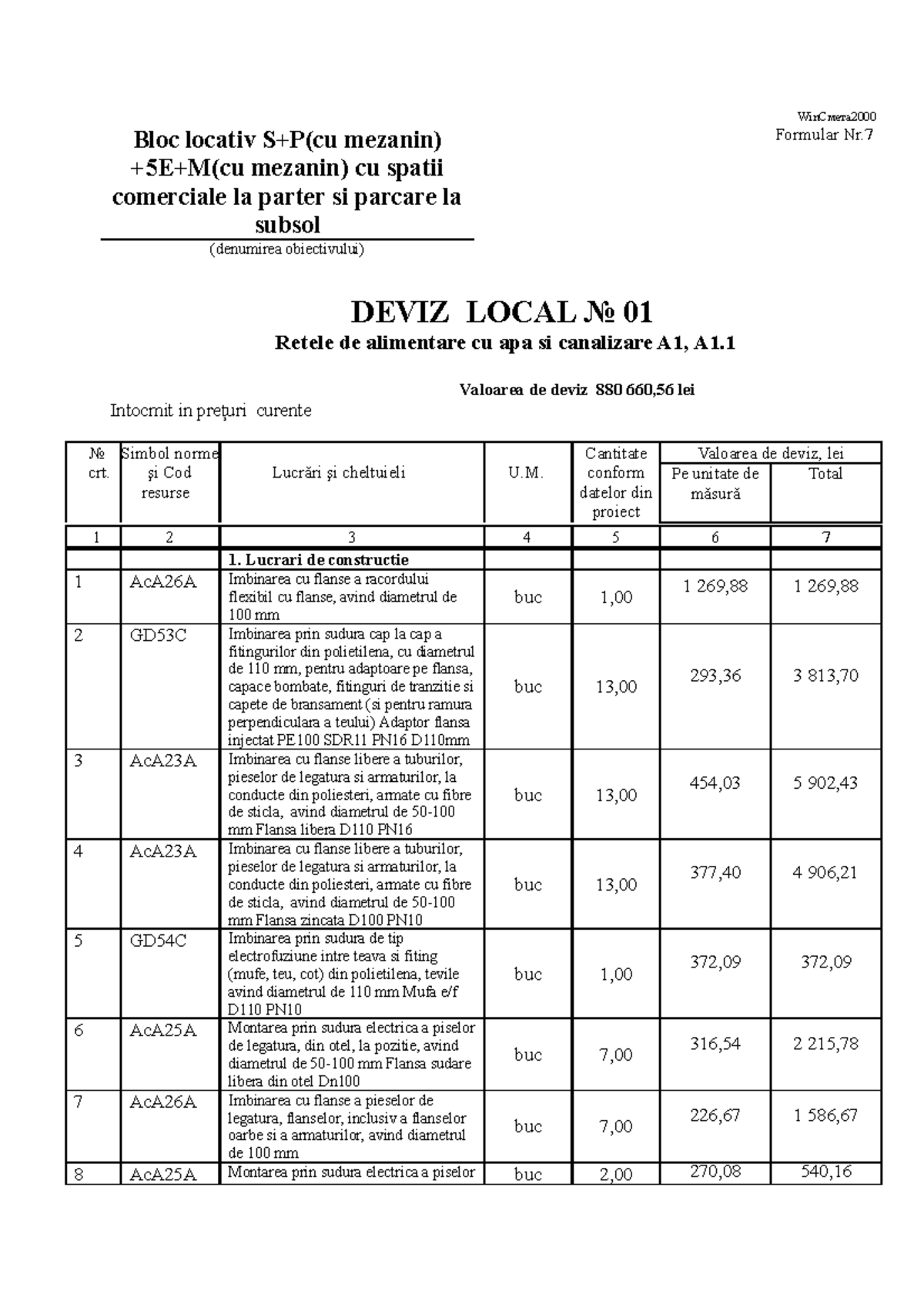 Deviz de cheltuieli apeduct detaliat pe pozitii - WinСмета Bloc locativ ...
