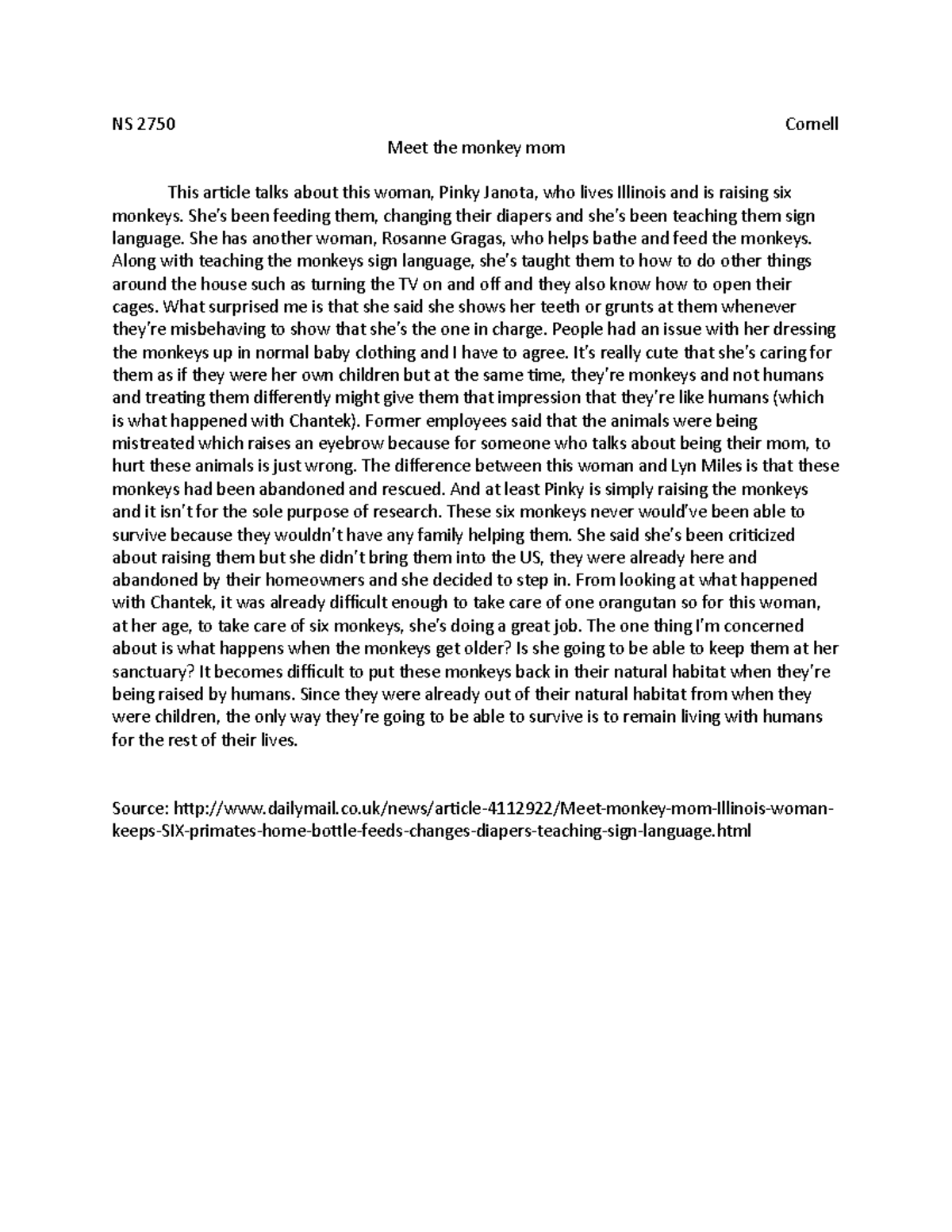 Week 2 Lecture Reflection - NS 2750 Cornell Meet the monkey mom This ...