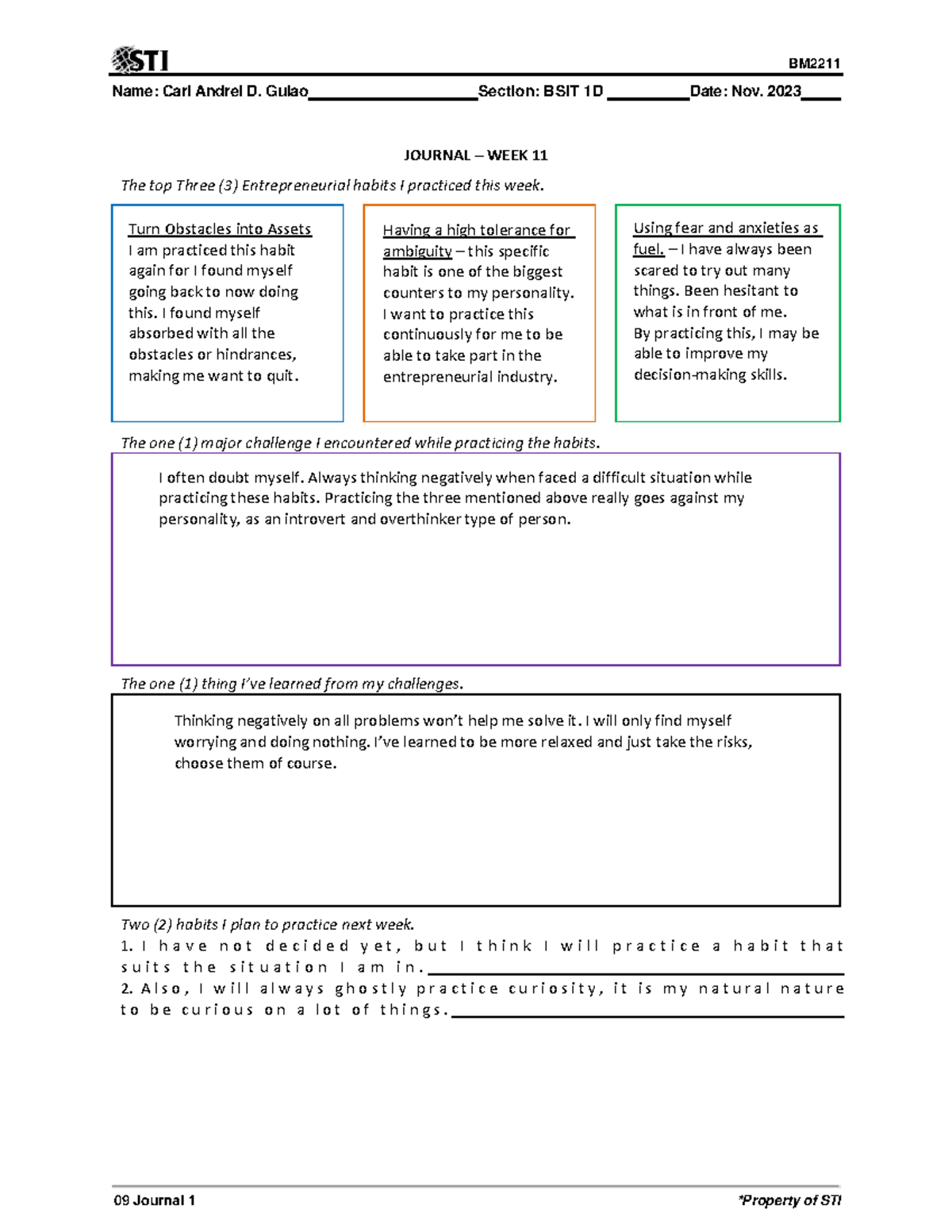 Journal 09 Sample Answer - Name: Carl Andrei D. Guiao Section: BSIT 1D Date: Nov. 2023 JOURNAL ...