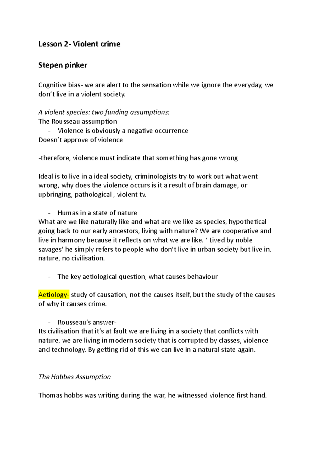 Lesson 2 keir - Lesson 2- Violent crime Stepen pinker Cognitive bias ...