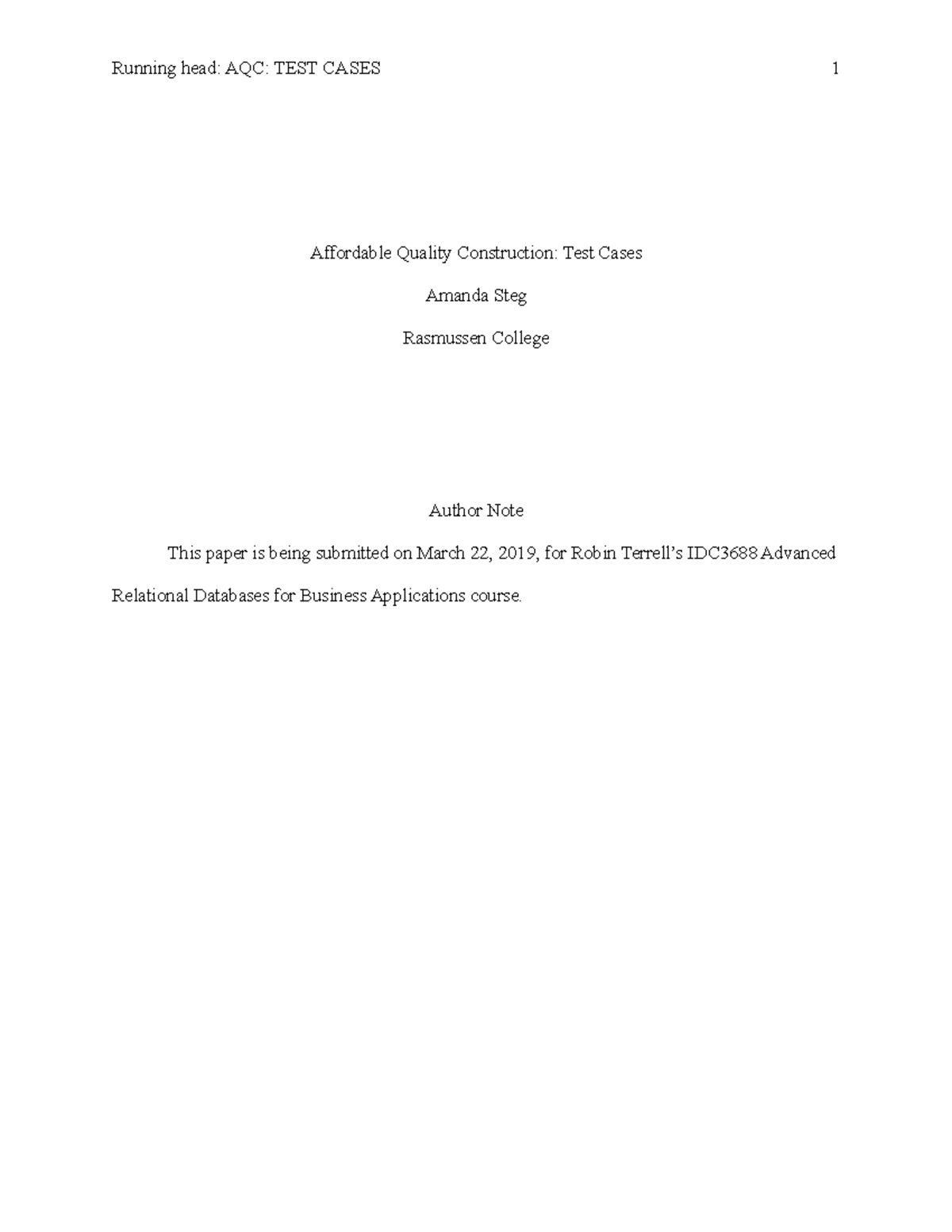 ASteg AQCTest Cases 032319 - Running head: AQC: TEST CASES 1 Affordable ...