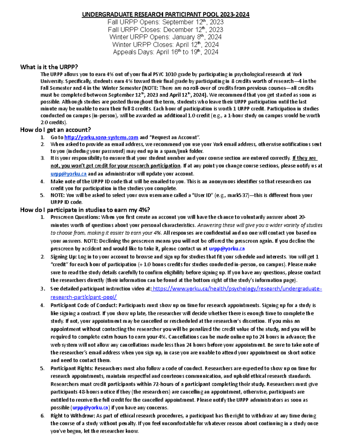 PSYC 1010 Student Handout Y23-24 - UNDERGRADUATE RESEARCH PARTICIPANT ...