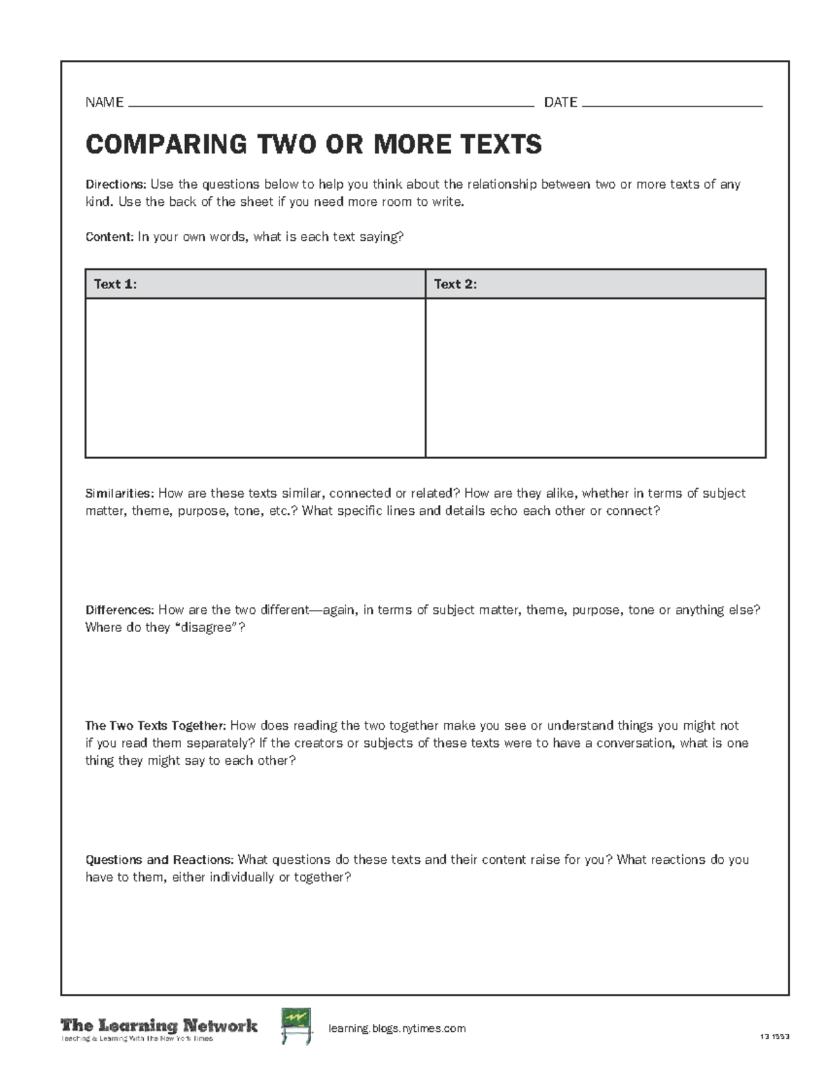 Text Comparison Chart - learning.blogs.nytimes 13- NAME DATE COMPARING ...
