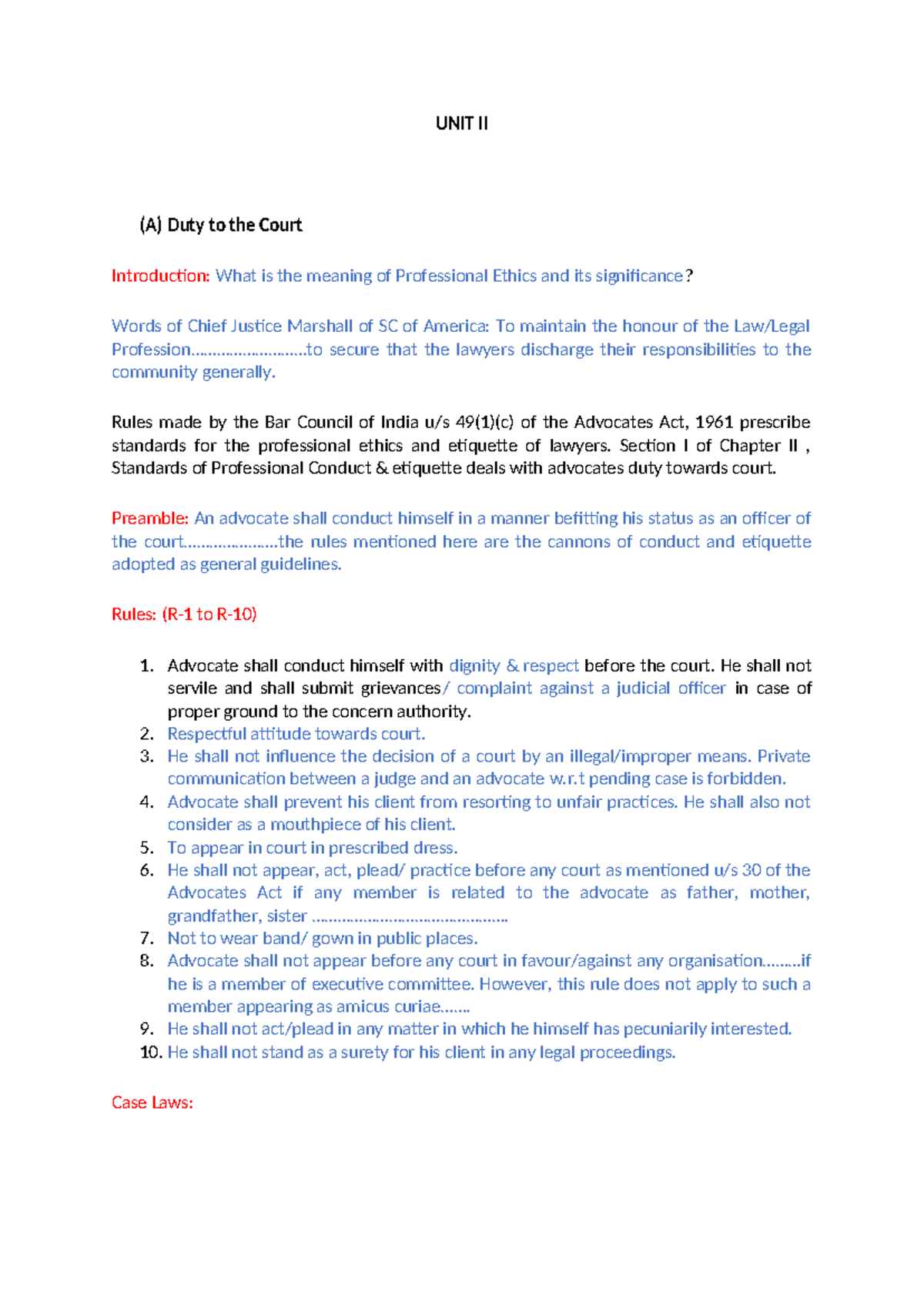 UNIT II - Summarised concept - UNIT II (A) Duty to the Court ...