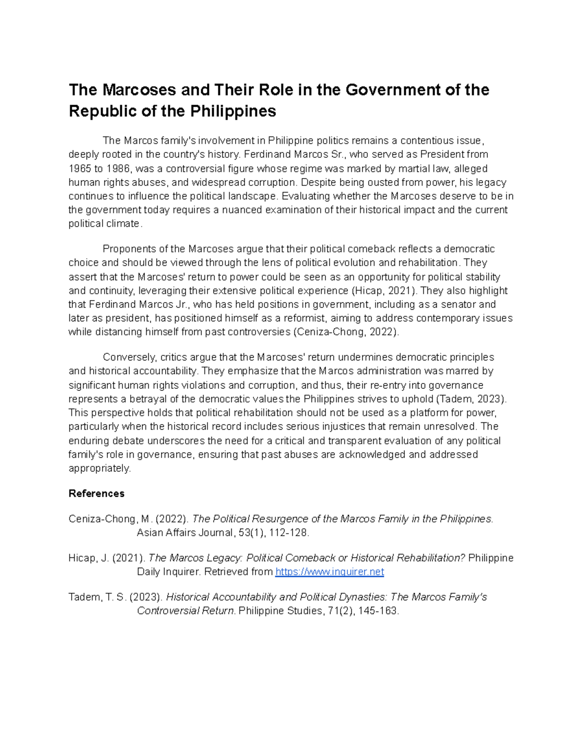The Marcoses and Their Role in the Government of the Republic of the ...