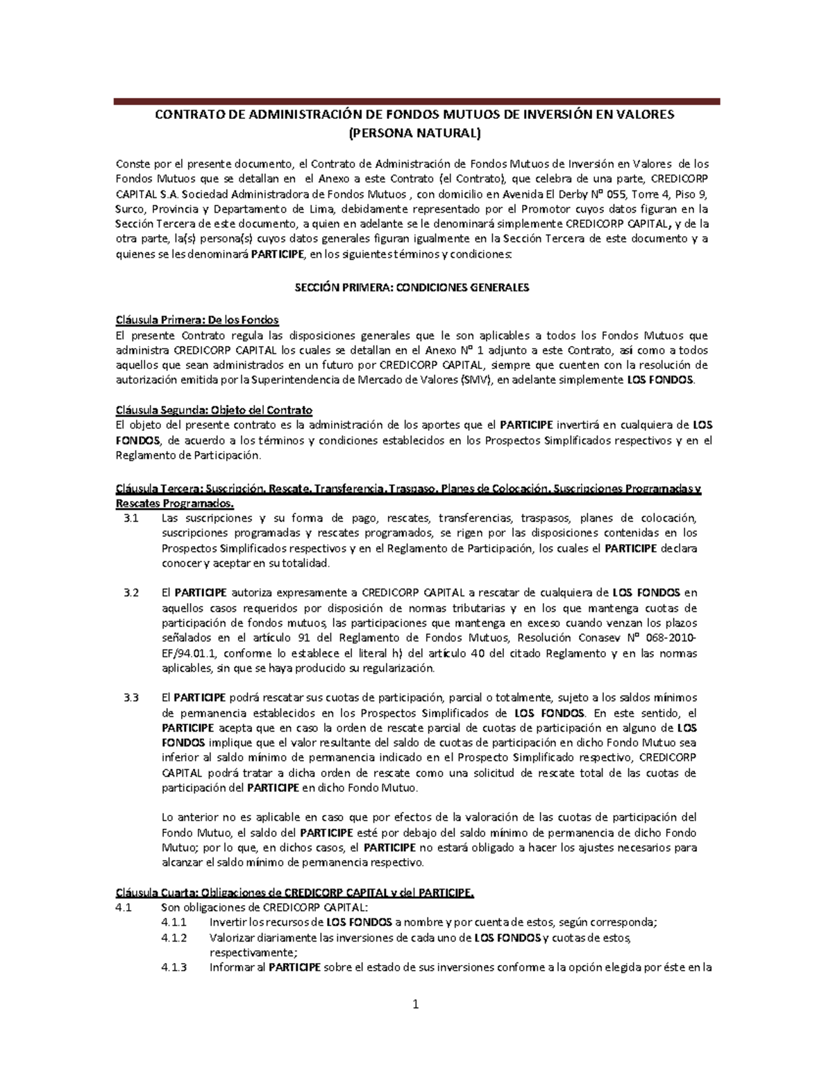 Contrato administracion de fondos comun - CONTRATO DE ADMINISTRACIÓN DE FONDOS MUTUOS DE ...