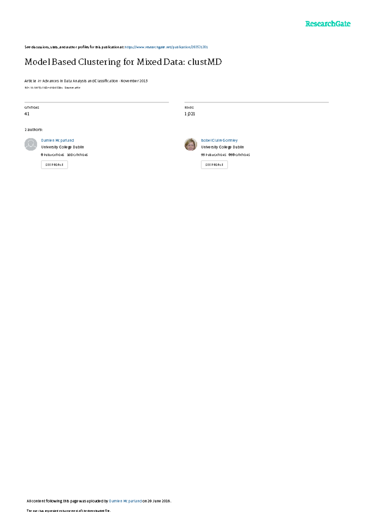 Model Based Clustering for Mixed Data clust MD - See discussions, stats ...