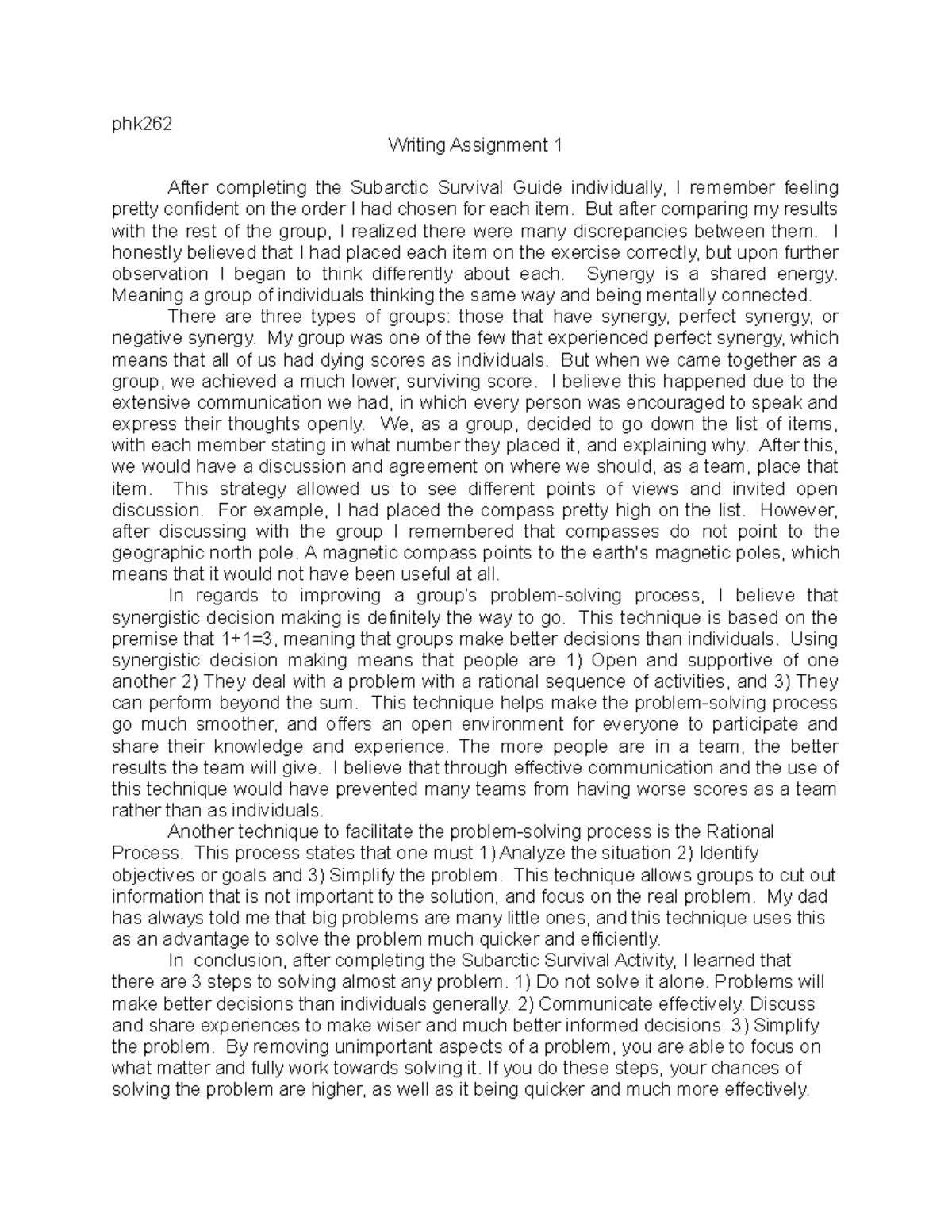 Writing Assignment 1 - Grade: A - phk Writing Assignment 1 After ...