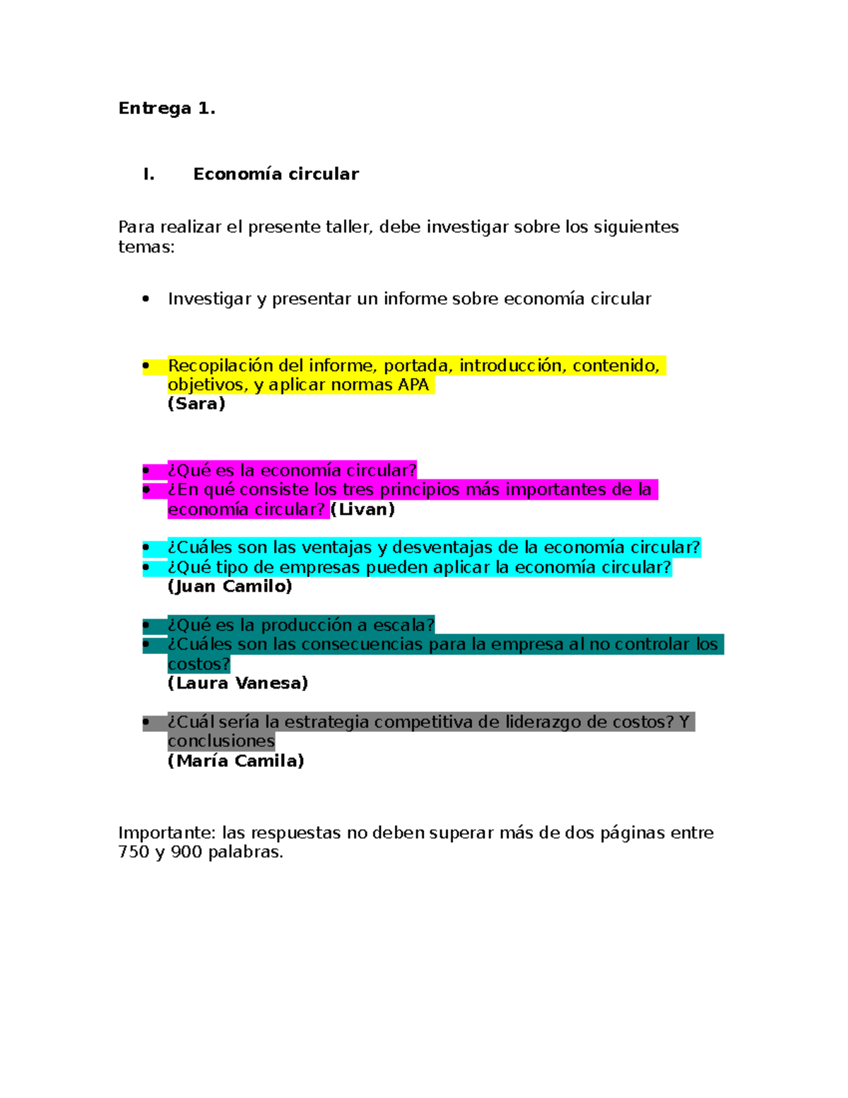 Repartición de la entrega 1 - Entrega 1. I. Economía circular Para ...