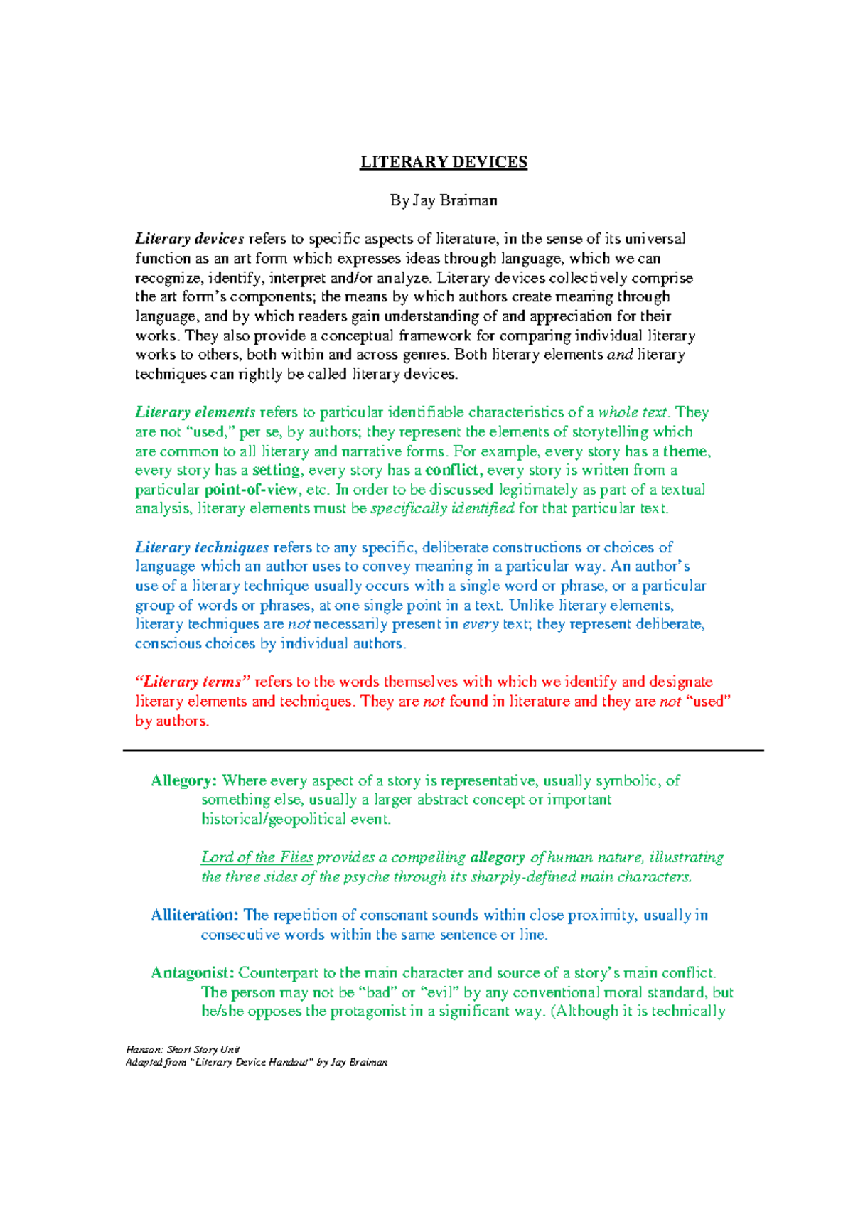 Literary Devices - Hanson: Short Story Unit LITERARY DEVICES By Jay ...