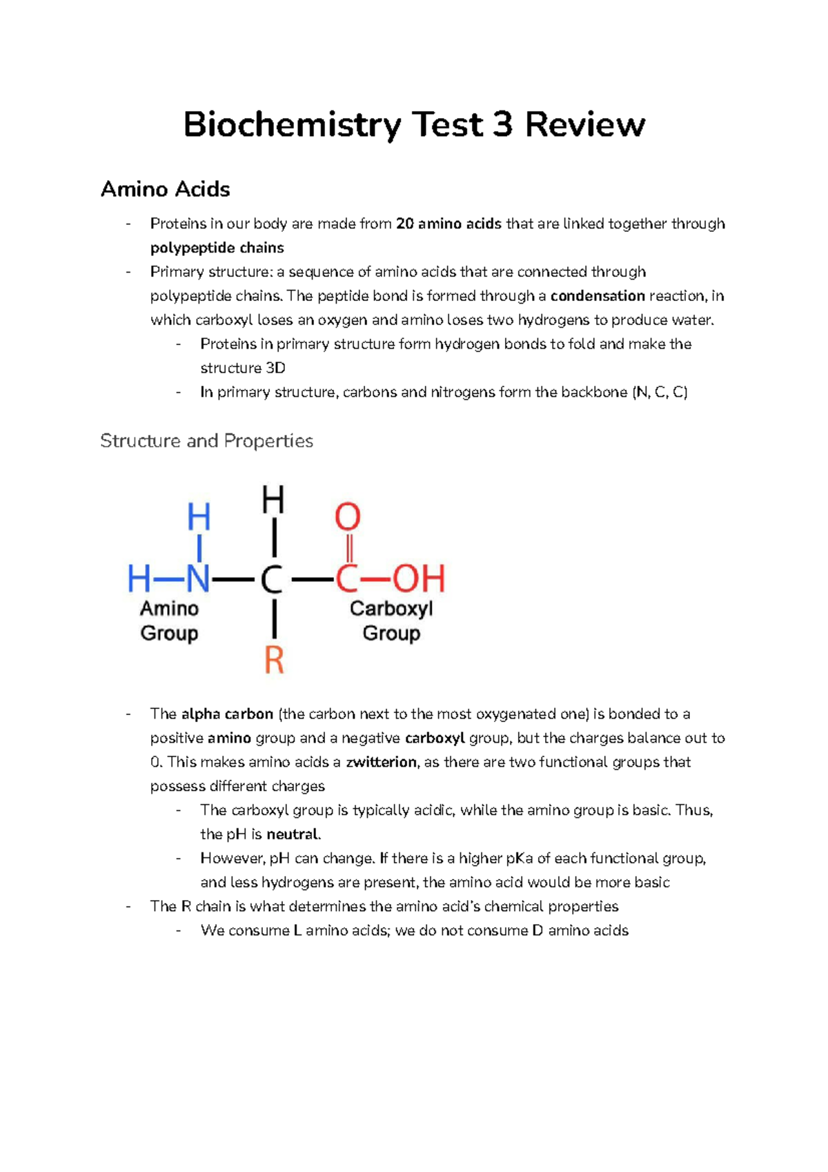 Protien Review Biochem - Biochemistry Test 3 Review Amino Acids ...
