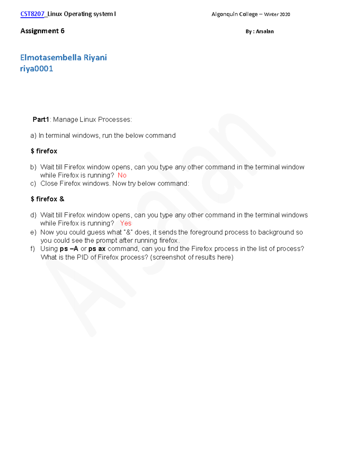 LAB6 Manage Linux Processes - Algonquin College – Winter 2020 By : Arsalan CST8207_Linux ...