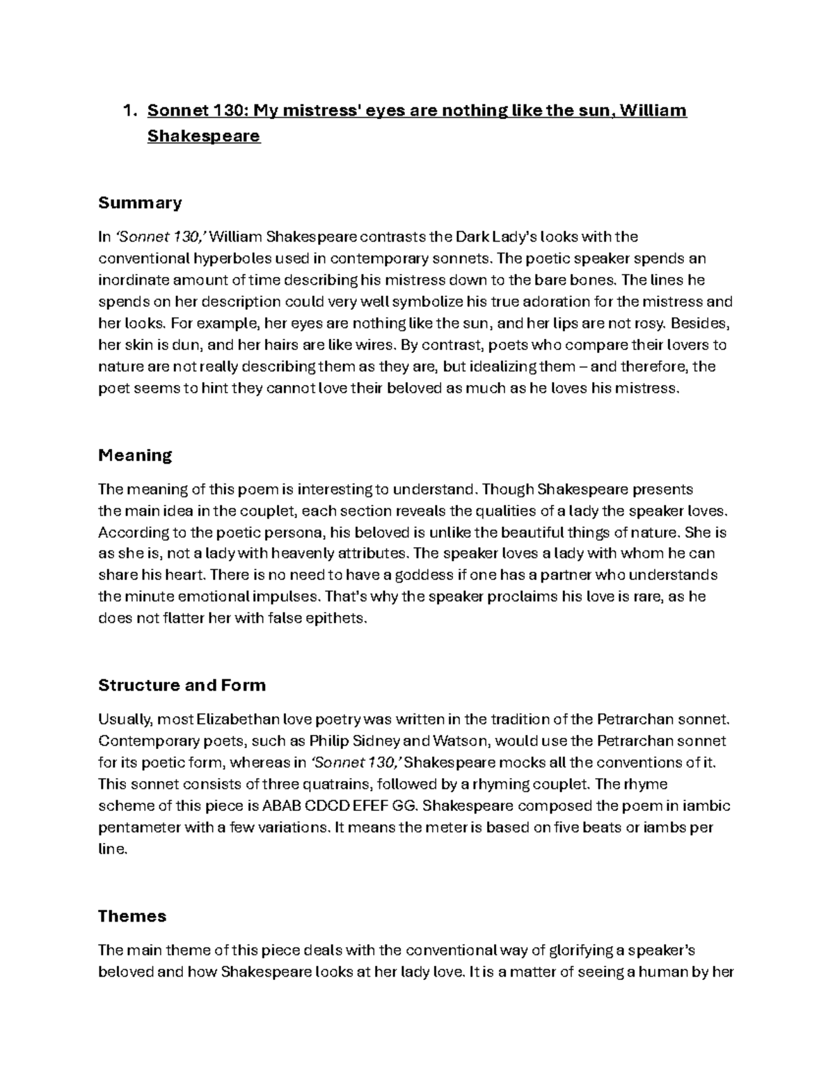 English Poetry Grade 12 - 1. Sonnet 130: My mistress' eyes are nothing ...