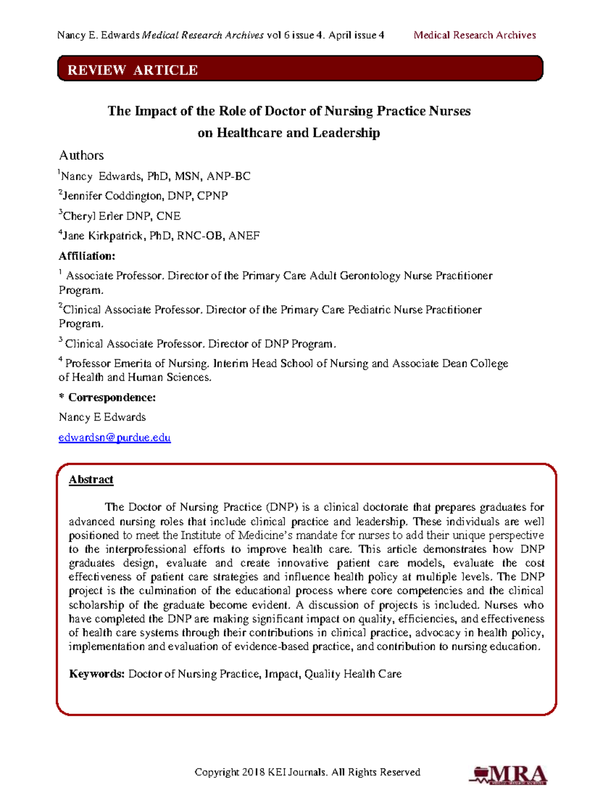 The Impact of the Role of DNP - Nancy E. Edwards Medical Research Archives vol 6 issue 4. April ...