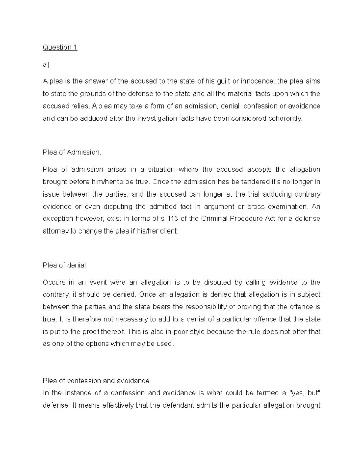 Official Assignment 2 TLI 4801 - Question 1 a) A plea is the answer of ...