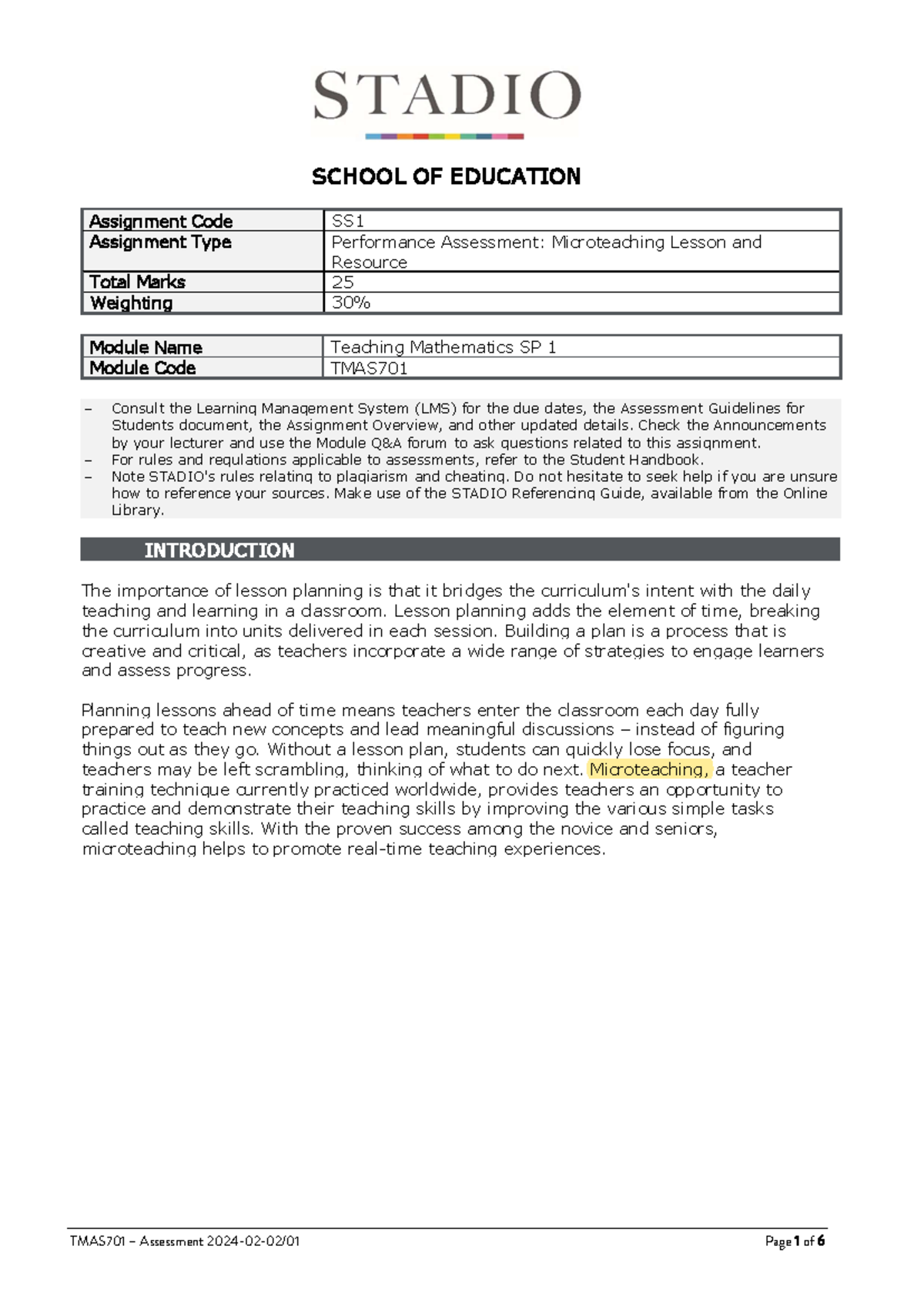 Stadio Assignment Template TMAS701-SS1 2024 - SCHOOL OF EDUCATION ...