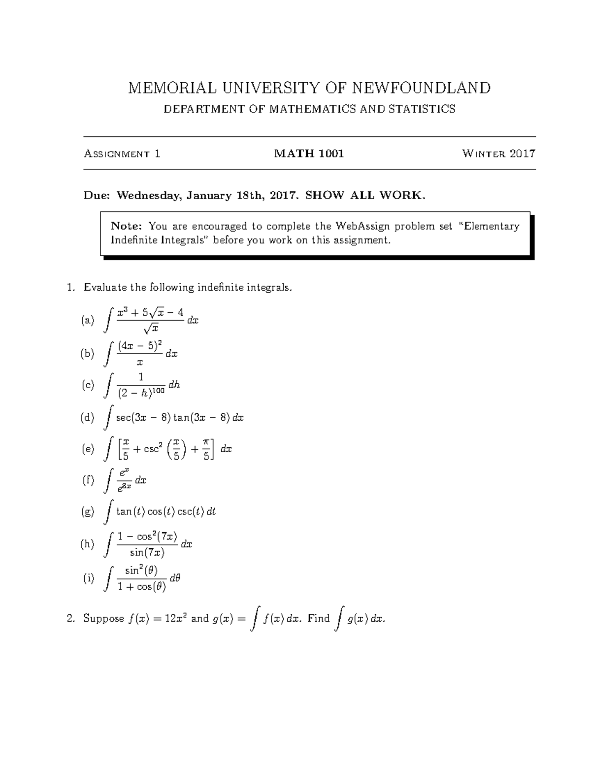 Assgn 1 - Indefinite integration. Assignment 1 - MEMORIAL UNIVERSITY OF ...