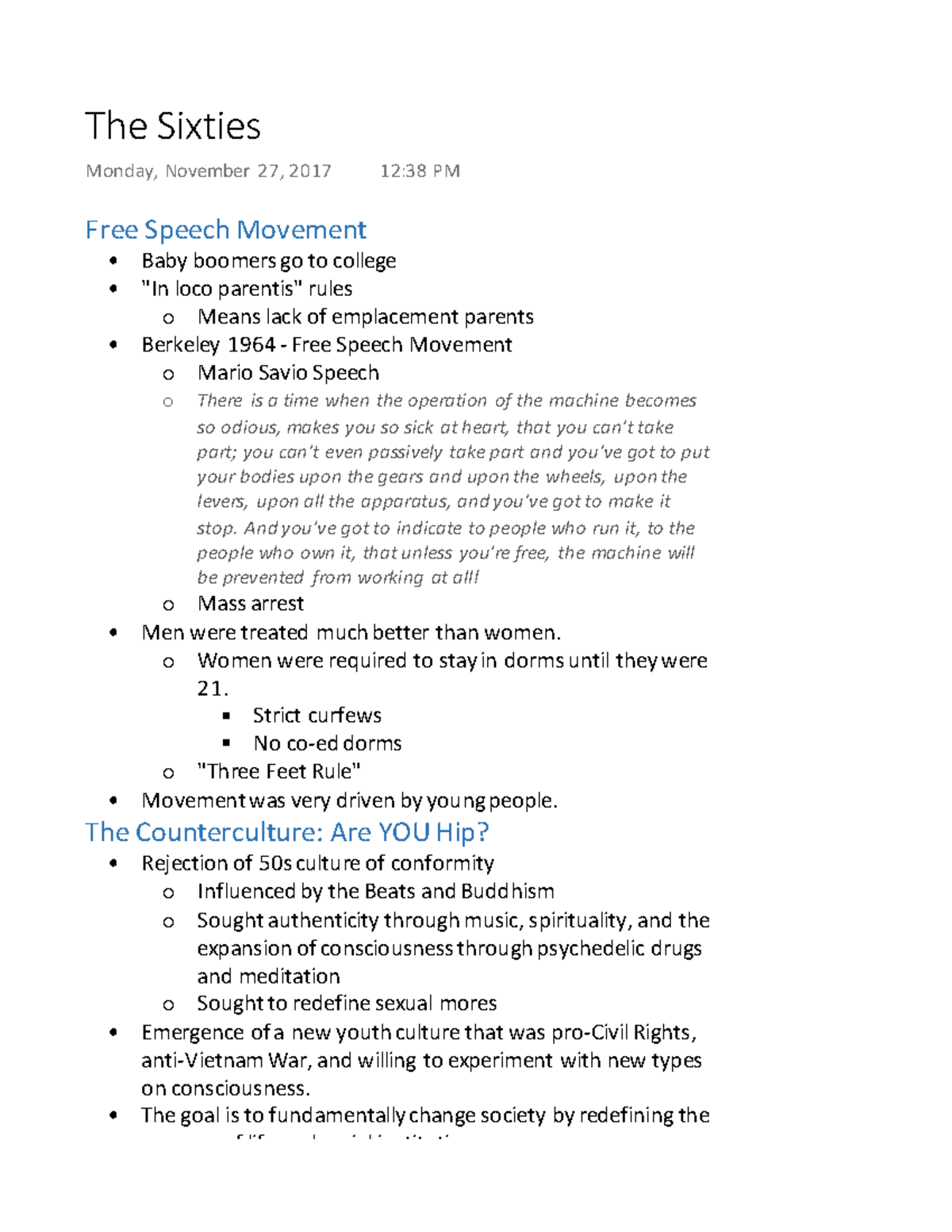 The Sixties - Lecture notes 1960s - The Sixties Monday, November 27 ...