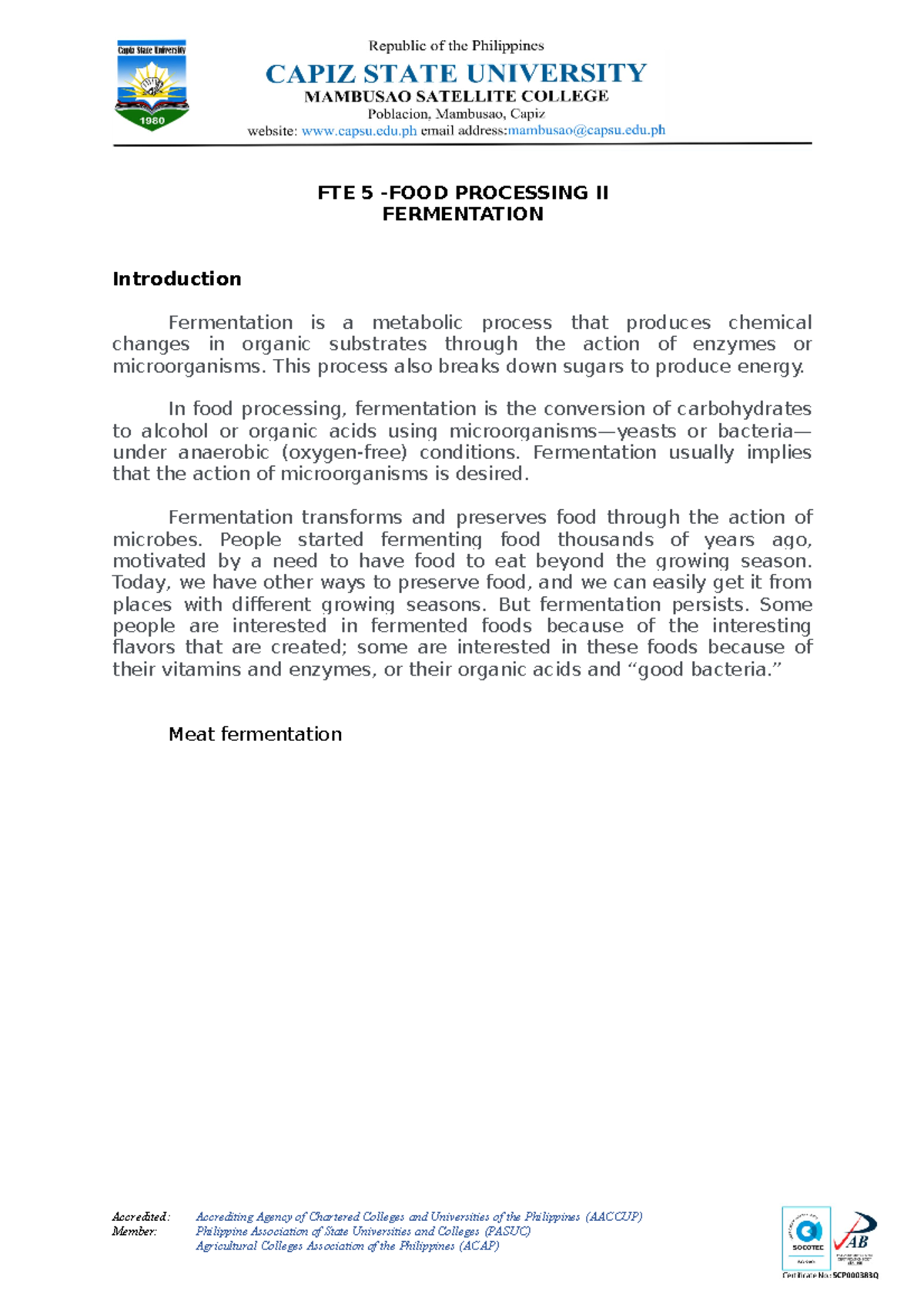 Lab Exercise 1 - Fermentation Part I - FTE 5 -FOOD PROCESSING II ...