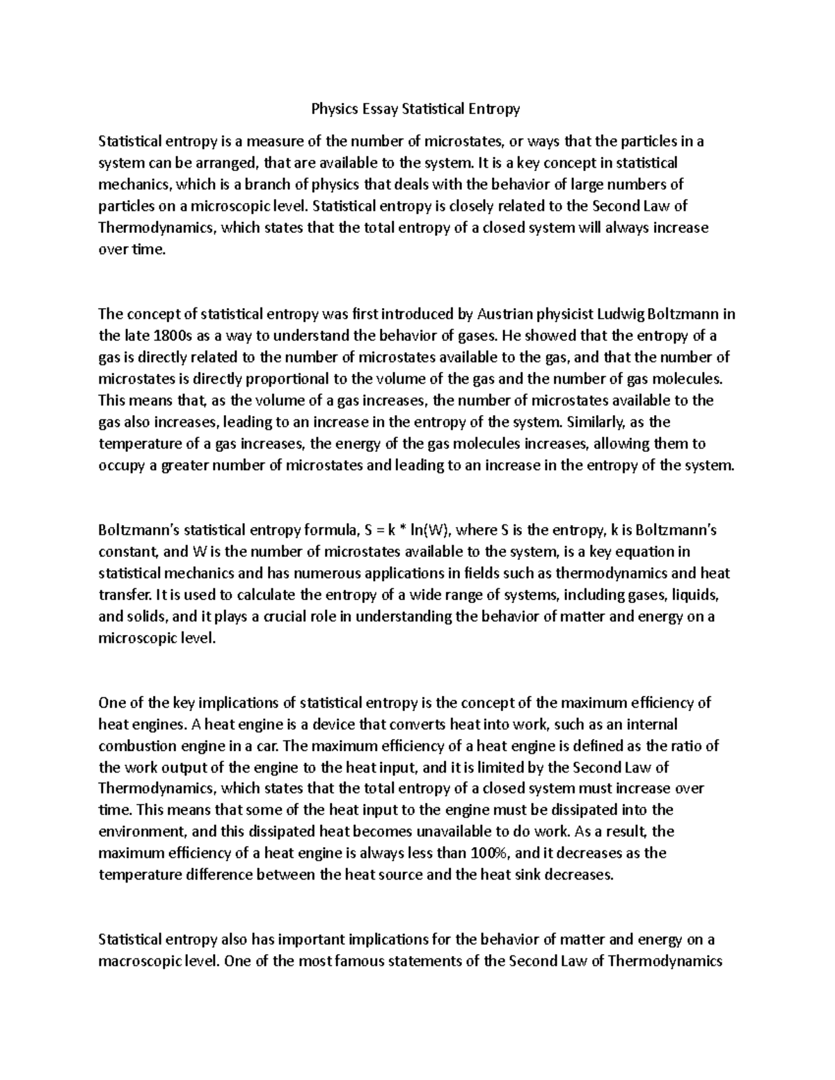 Physics Essay Statistical Entropy - Physics Essay Statistical Entropy ...