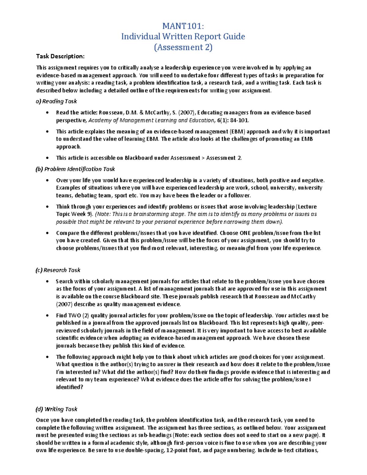 Assessment 2 Individual Written Guide - MANT101: Individual Written ...