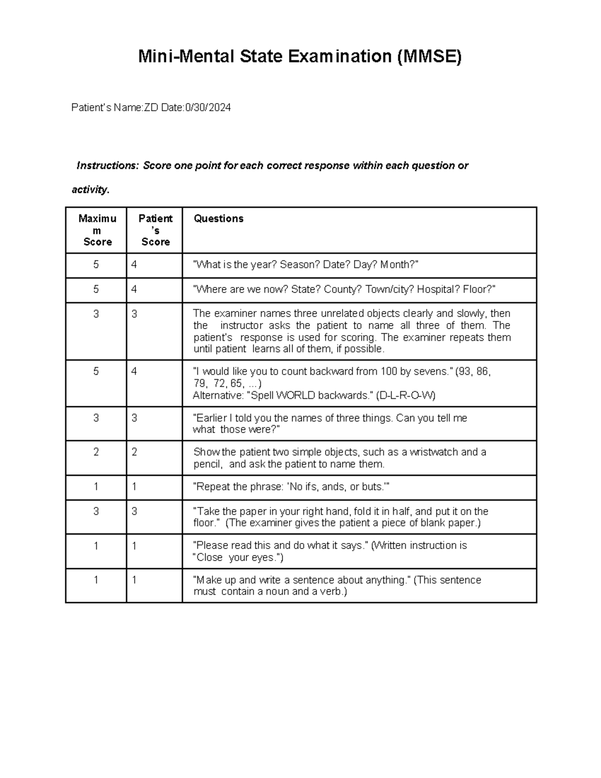 Boersema M NSG 4059 MMSE - Mini-Mental State Examination (MMSE) Patient ...