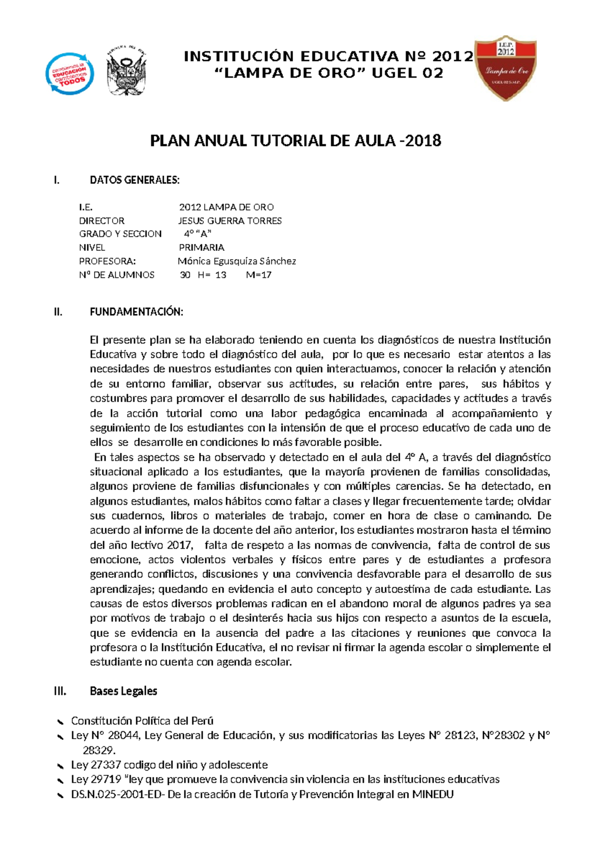 PLAN TOE Anual Cuarto 2018 - PLAN ANUAL TUTORIAL DE AULA - I. DATOS ...