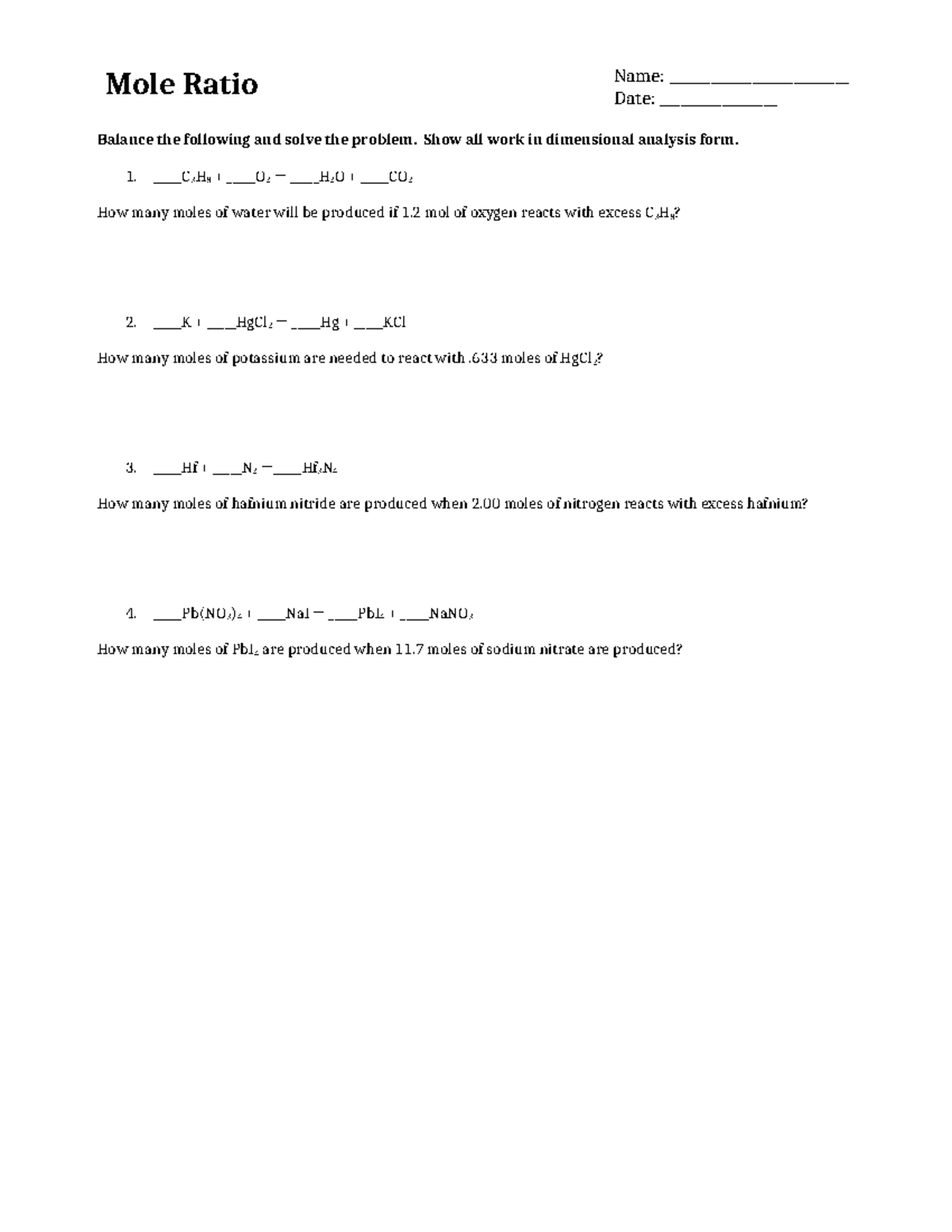 Worksheet - mole ratio introduction - Mole Ratio Name ...