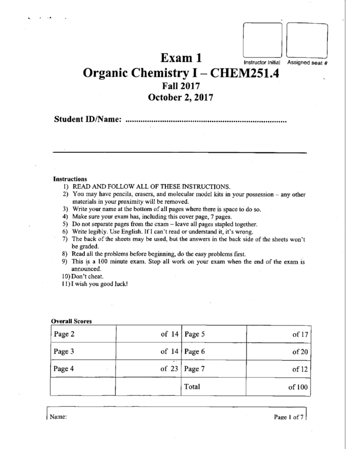 2017 Exam 1 - Exam 1 Organic Chemistry I - CHEM 251.4 - CHEM 2514 - Studocu