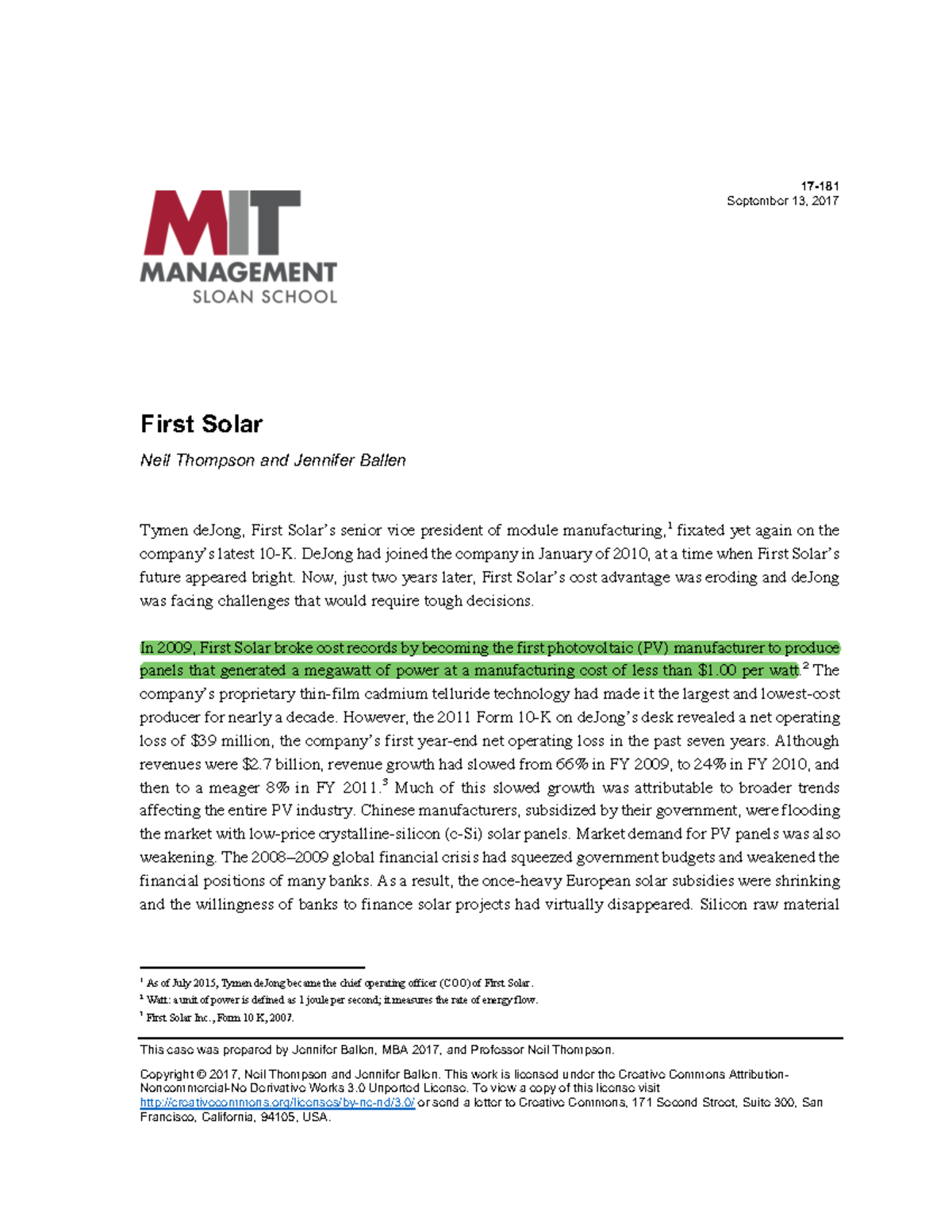 Case study- First Solar - This case was prepared by Jennifer Ballen ...