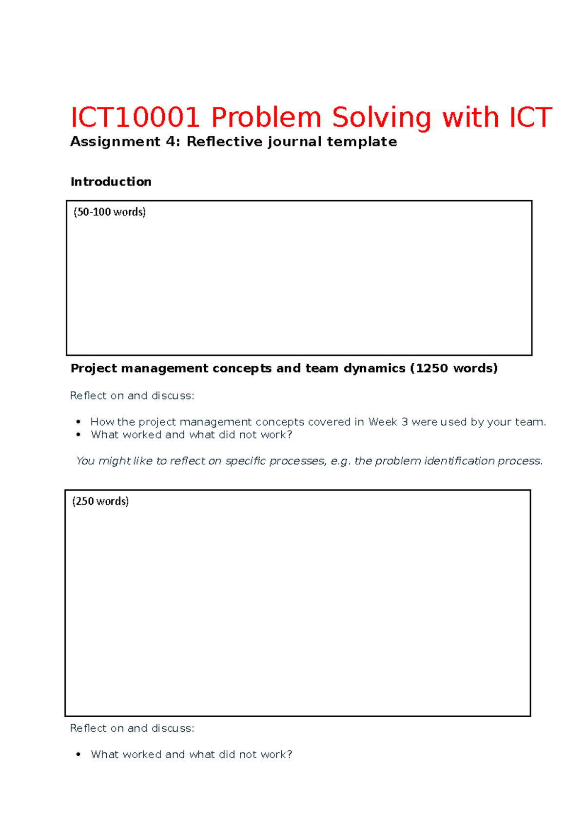 ICT10001 Reflective journal template - ICT10001 Problem Solving with ...