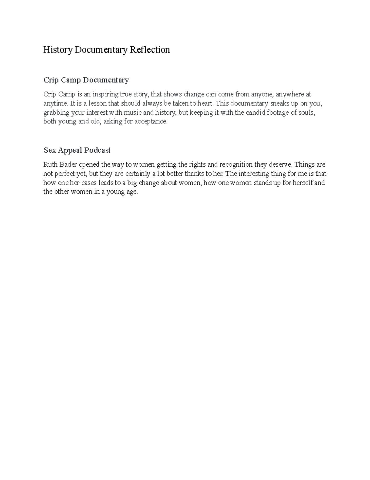 History Documentary Reflection - It is a lesson that should always be ...