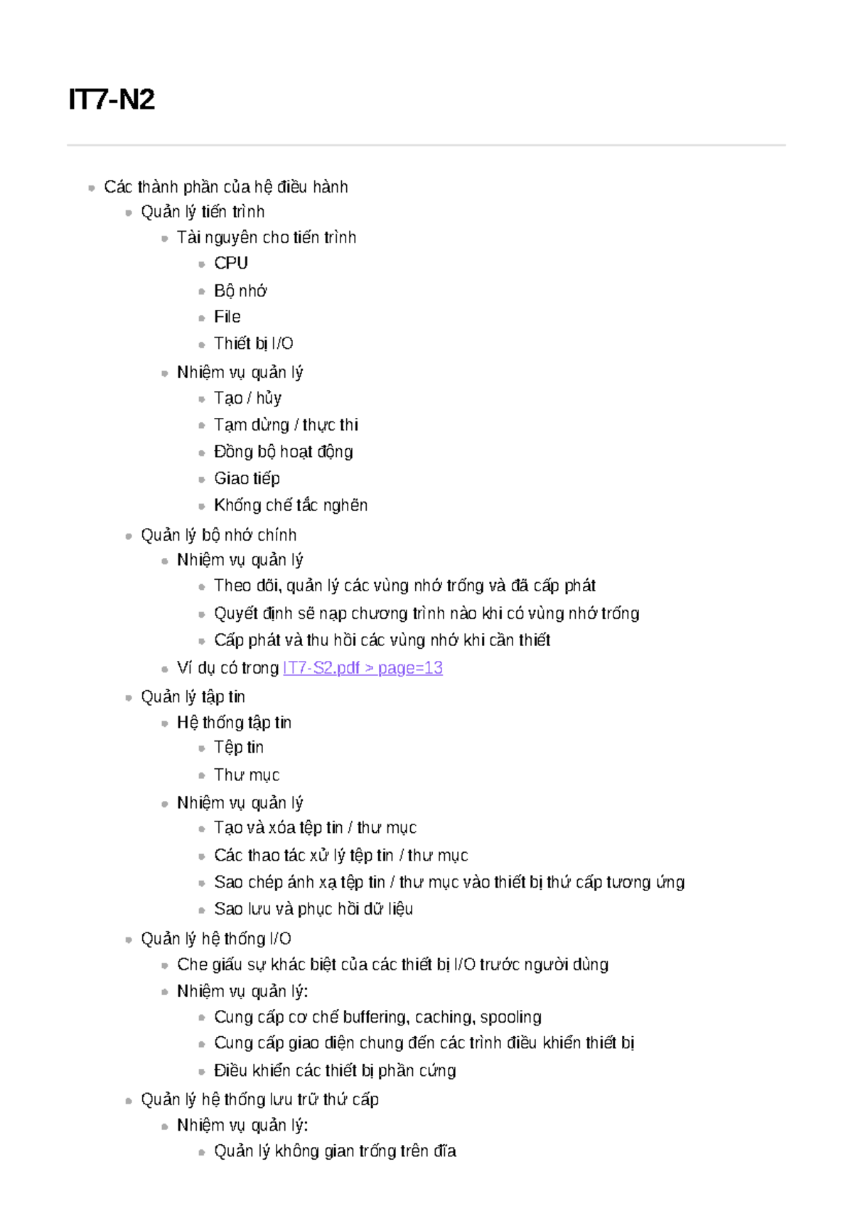 IT7-N2 - 123 - IT7-N Các thành phần của hệ điều hành Quản lý tiến trình Tài nguyên cho tiến ...