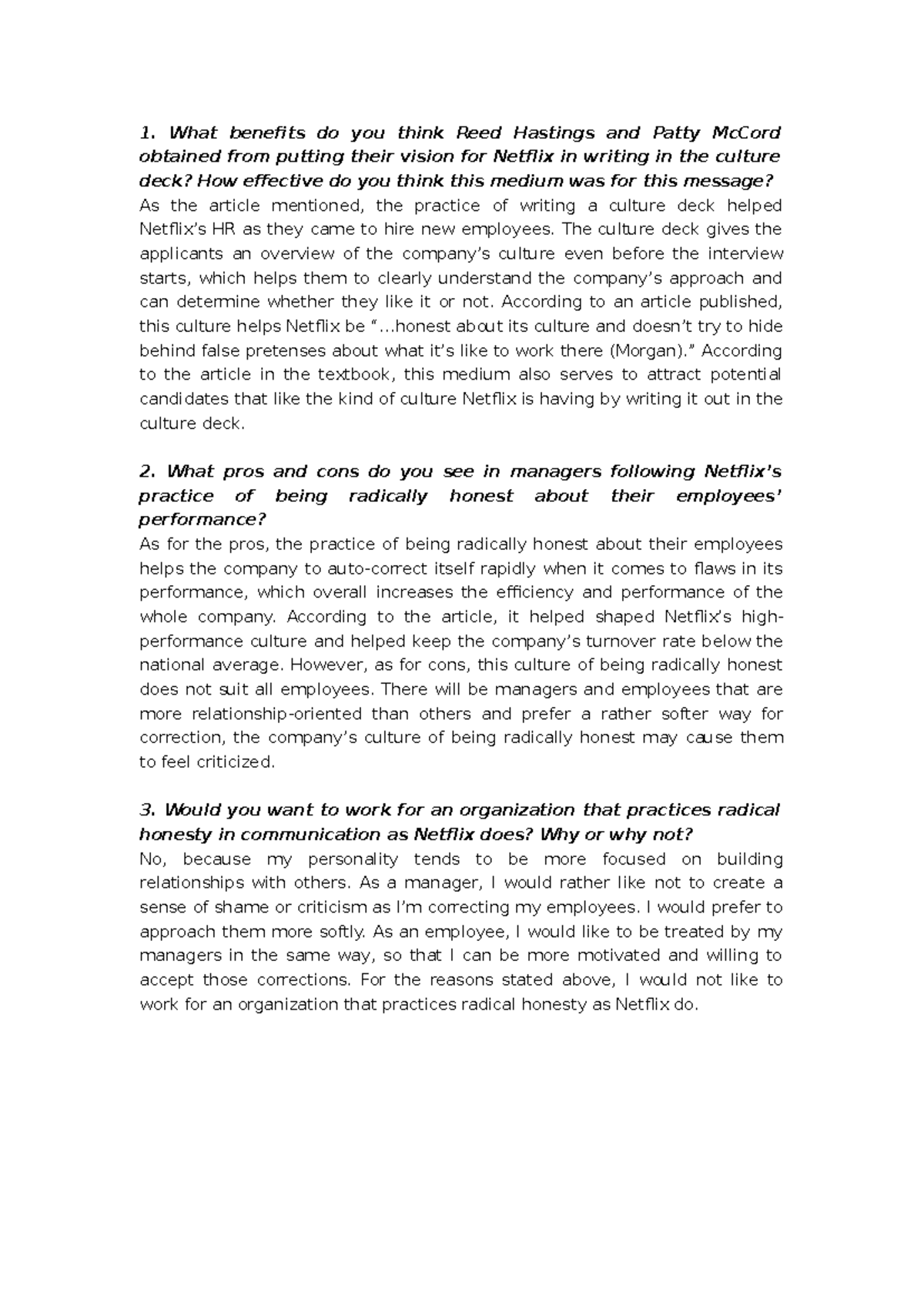 Management Case Study 13 - What benefits do you think Reed Hastings and ...