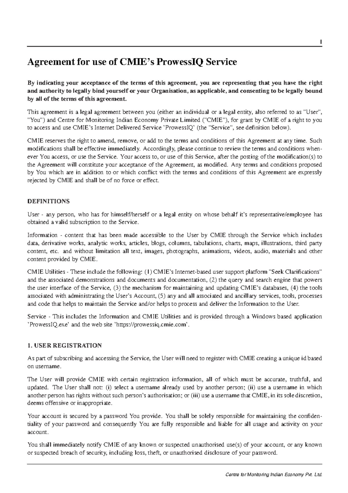Sr - CMIE Prowess - 1 Agreement for use of ProwessIQ Service indicating ...
