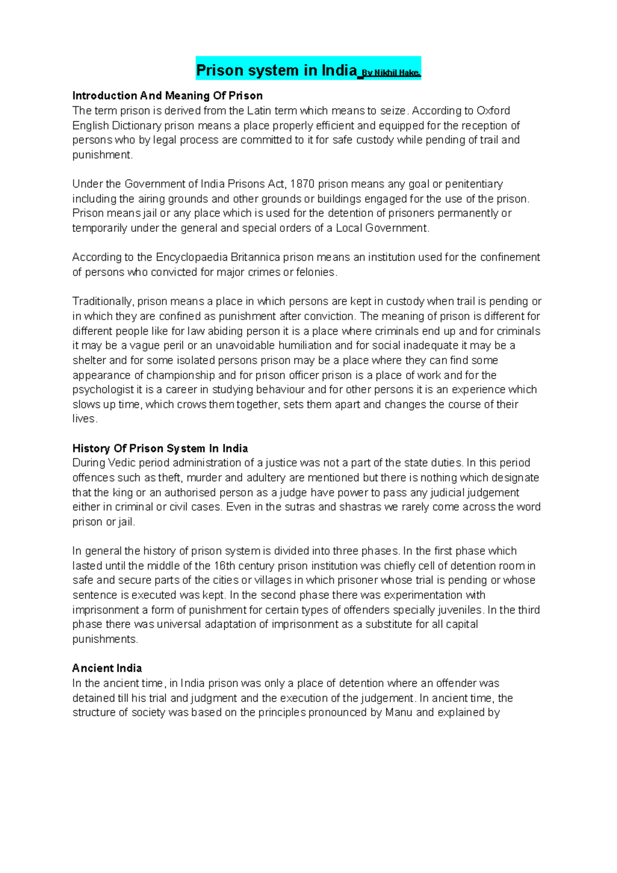 Prison system - Introduction And Meaning Of Prison The term prison is ...