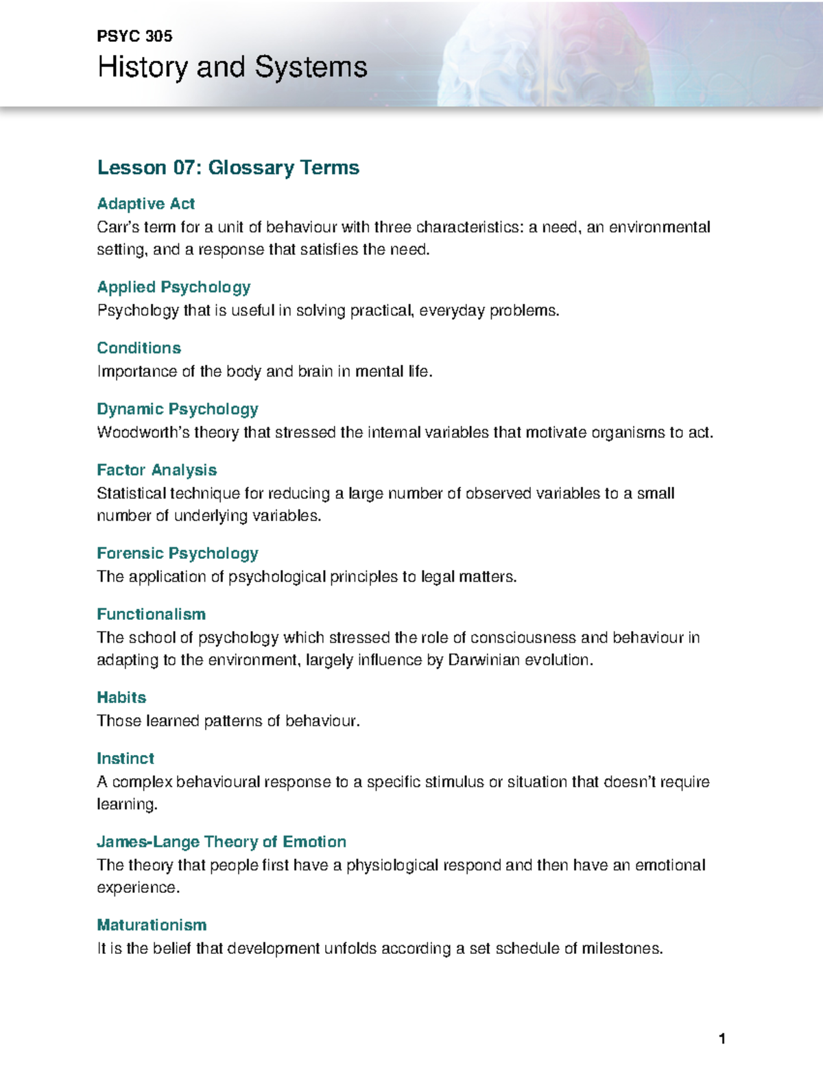 PSYC305 Lesson 07 Glossary - PSYC 305 History and Systems 1 Lesson 07 ...
