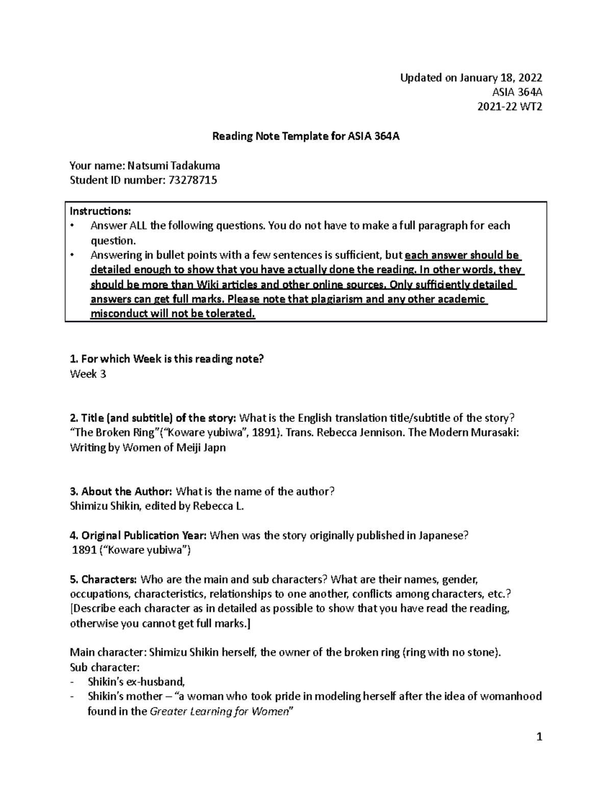 ASIA 364A WT2 Reading Note Template - Studocu