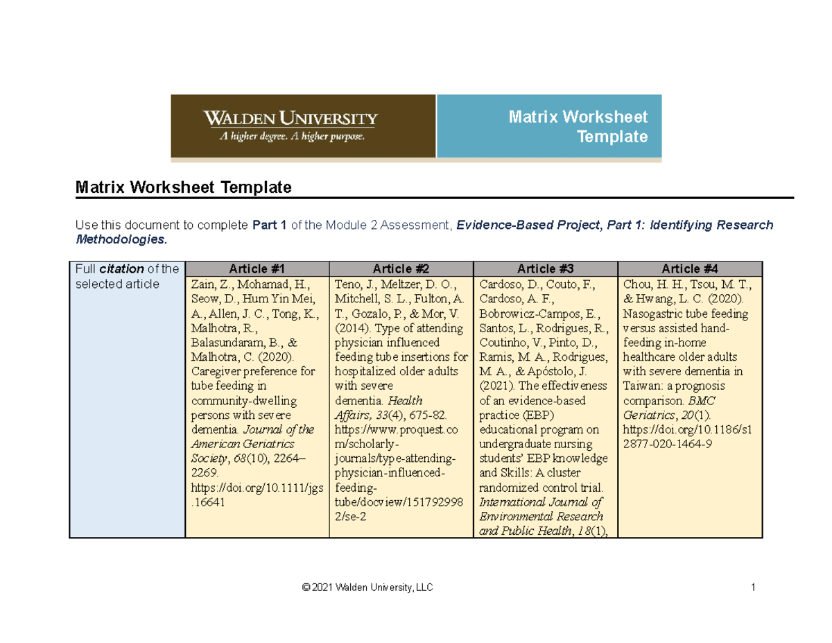 USW1 NURS 6052 Matrix Worksheet Template Matrix Worksheet Template 