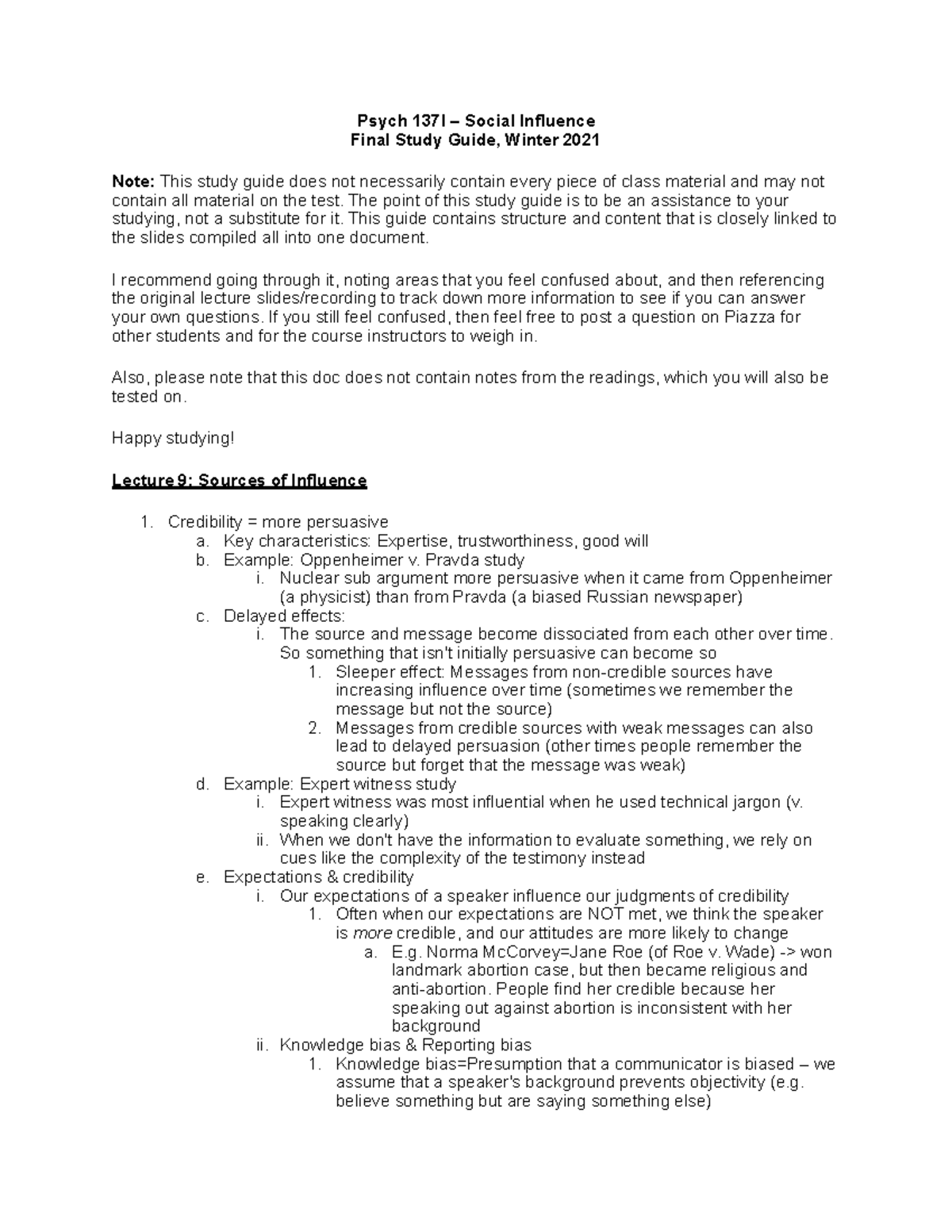 Final Study Guide 2021 - Psych 137I – Social Influence Final Study Guide, Winter 2021 Note: This ...
