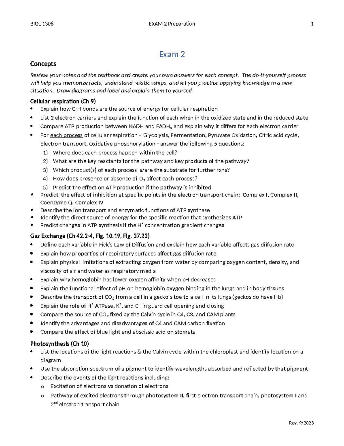 Exam 2 study guide F22 - BIOL 1306 EXAM 2 Preparation 1 Exam 2 Concepts ...