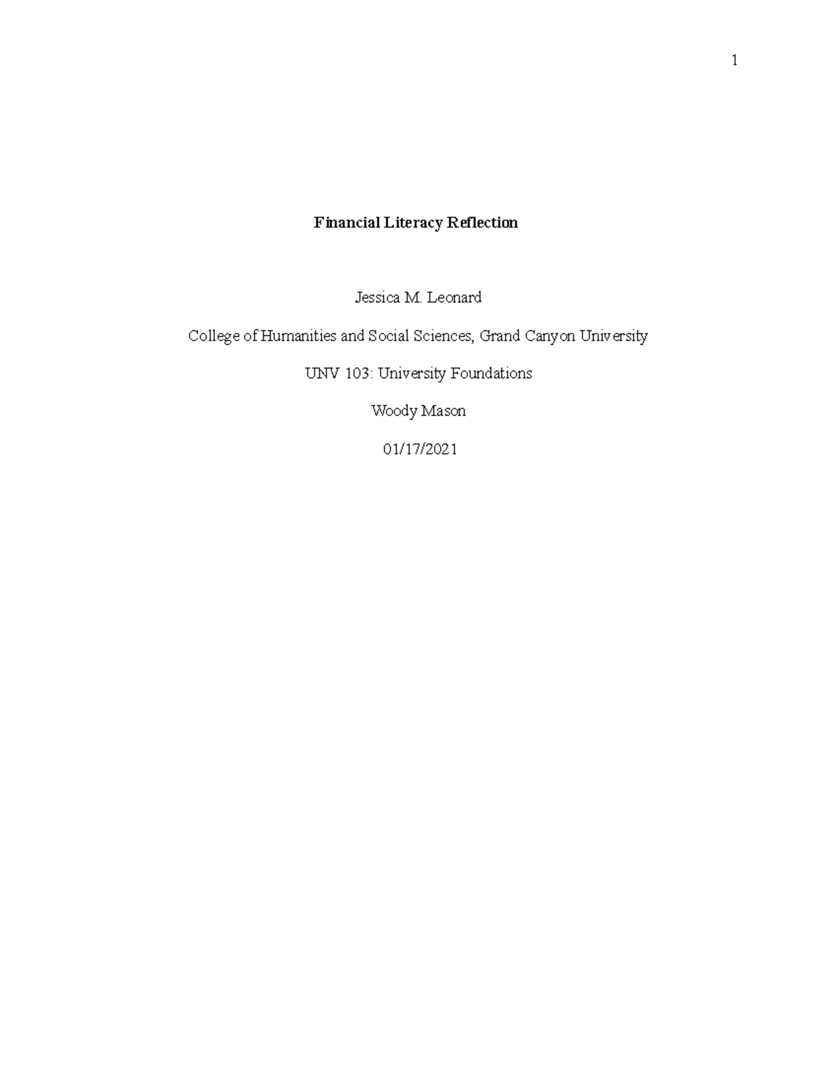 Financial Literacy Reflection - Financial Literacy Reflection Jessica M ...