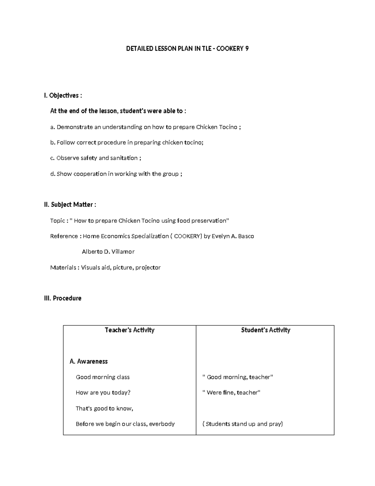 Chicken Tocino - DETAILED LESSON PLAN IN TLE - COOKERY 9 I. Objectives ...