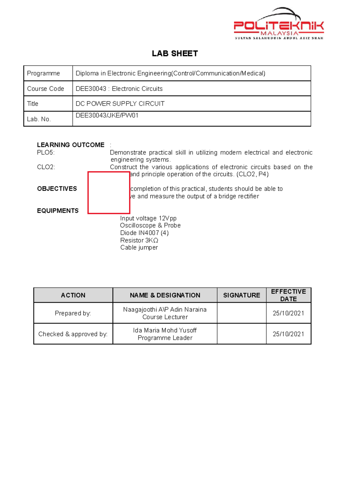 LAB 1 Power Supply DIS 2020 simulation - Copy - LAB SHEET Programme ...