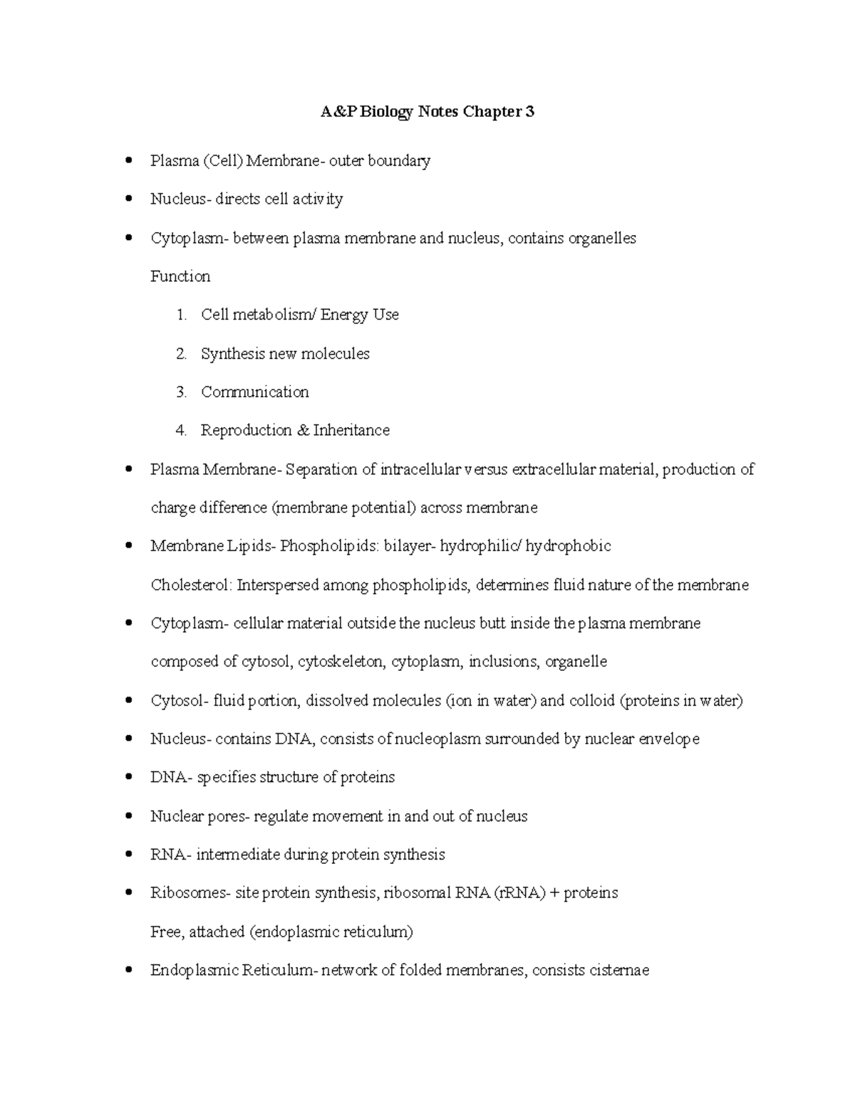 Bio Notes Chapter 3 - cells - A&P Biology Notes Chapter 3 Plasma (Cell ...