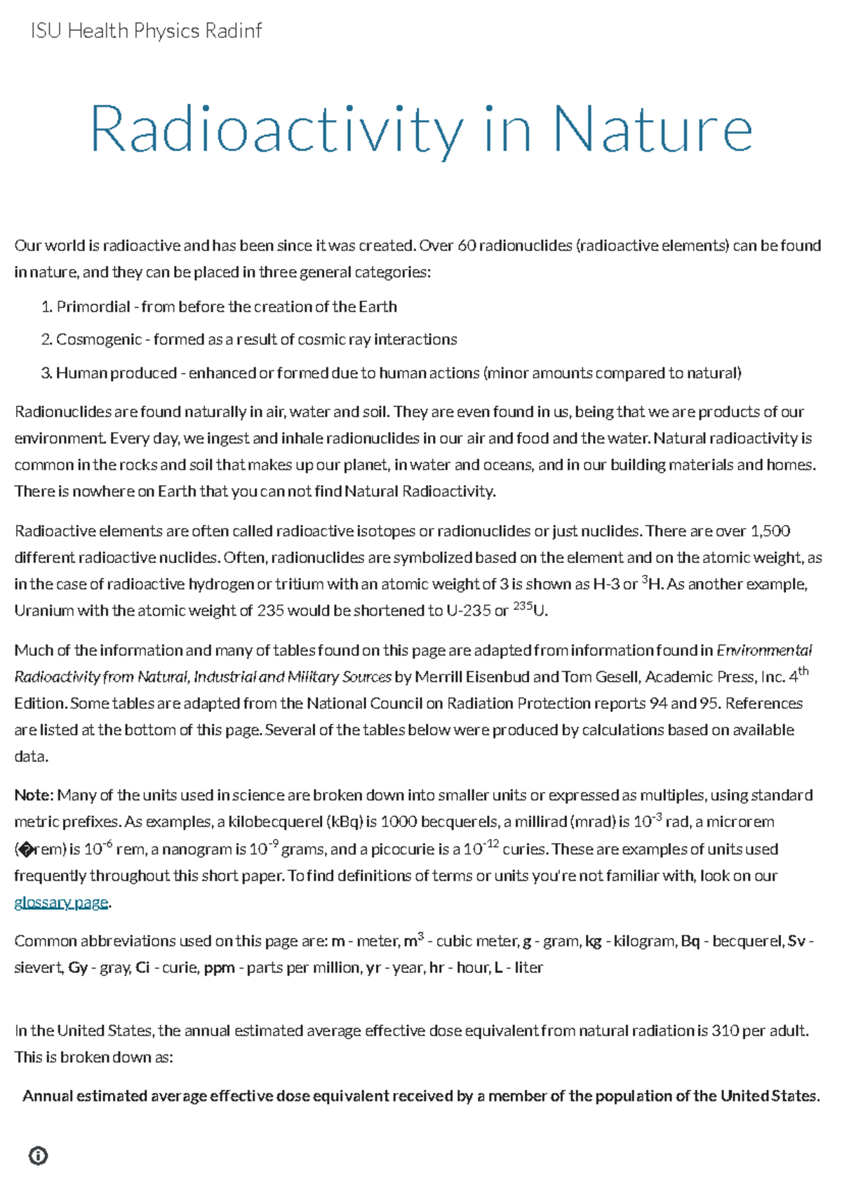 ISU Health Physics Radinf - Radioactivity in Nature - Radioactivity in ...