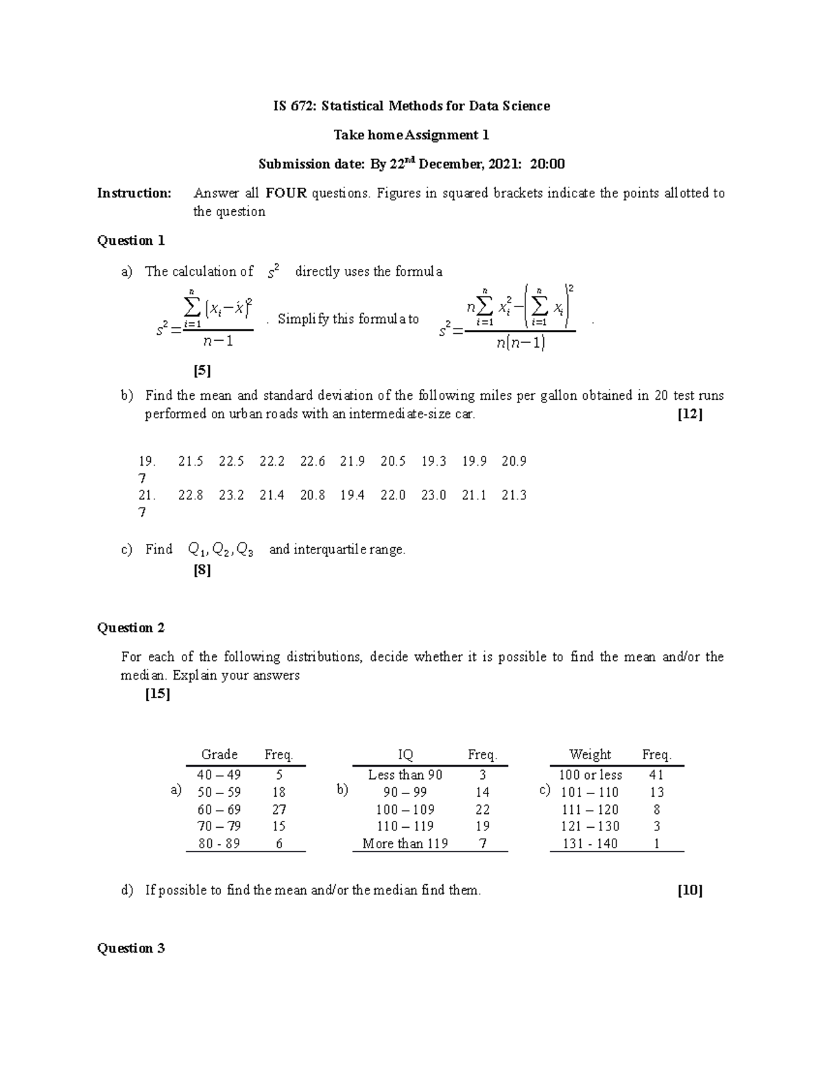 IS 672 Take home Assignment 1 - IS 672: Statistical Methods for Data ...