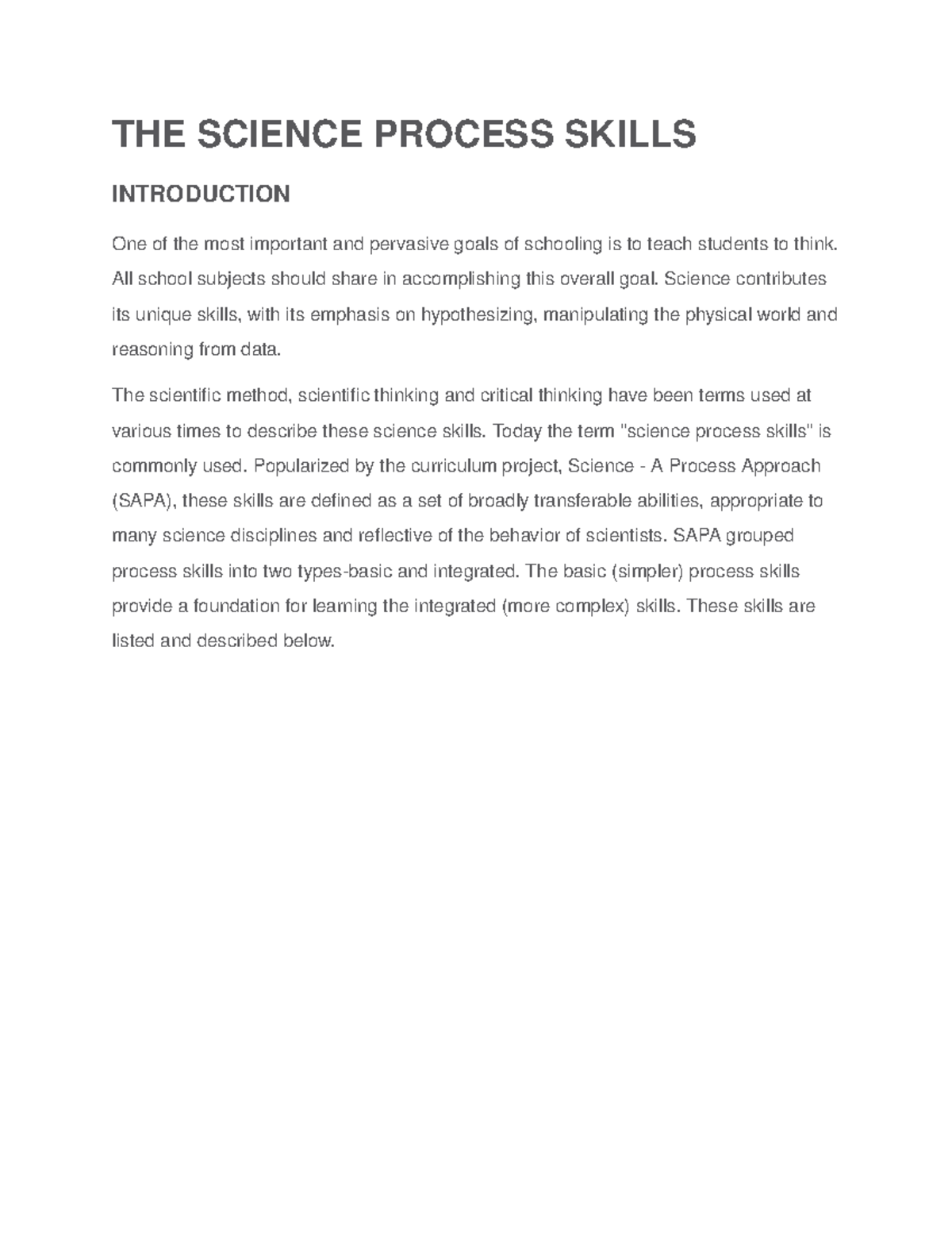 THE Science Process Skills - THE SCIENCE PROCESS SKILLS INTRODUCTION ...