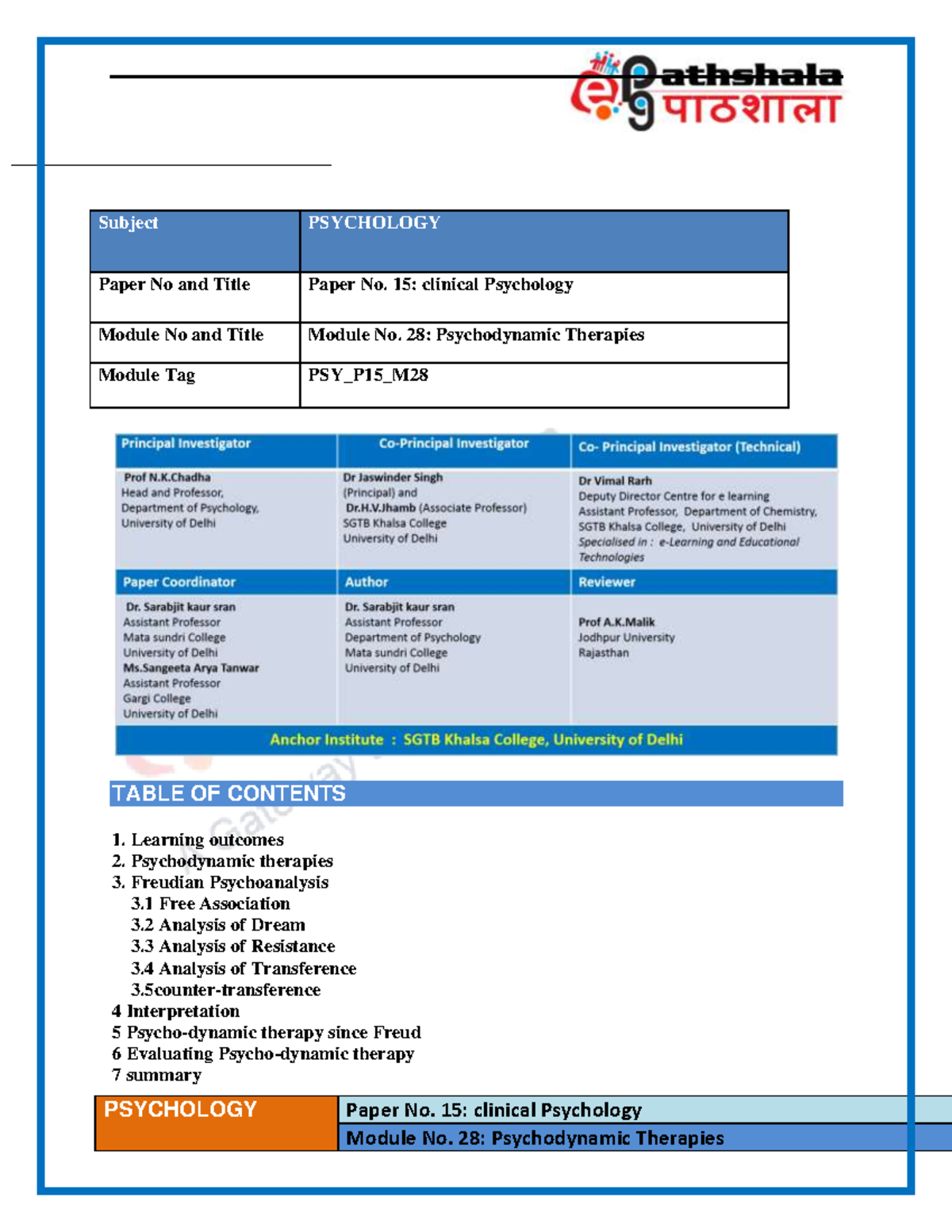 Psychodynamic Therapies - PSYCHOLOGY Paper No. 15: clinical Psychology ...